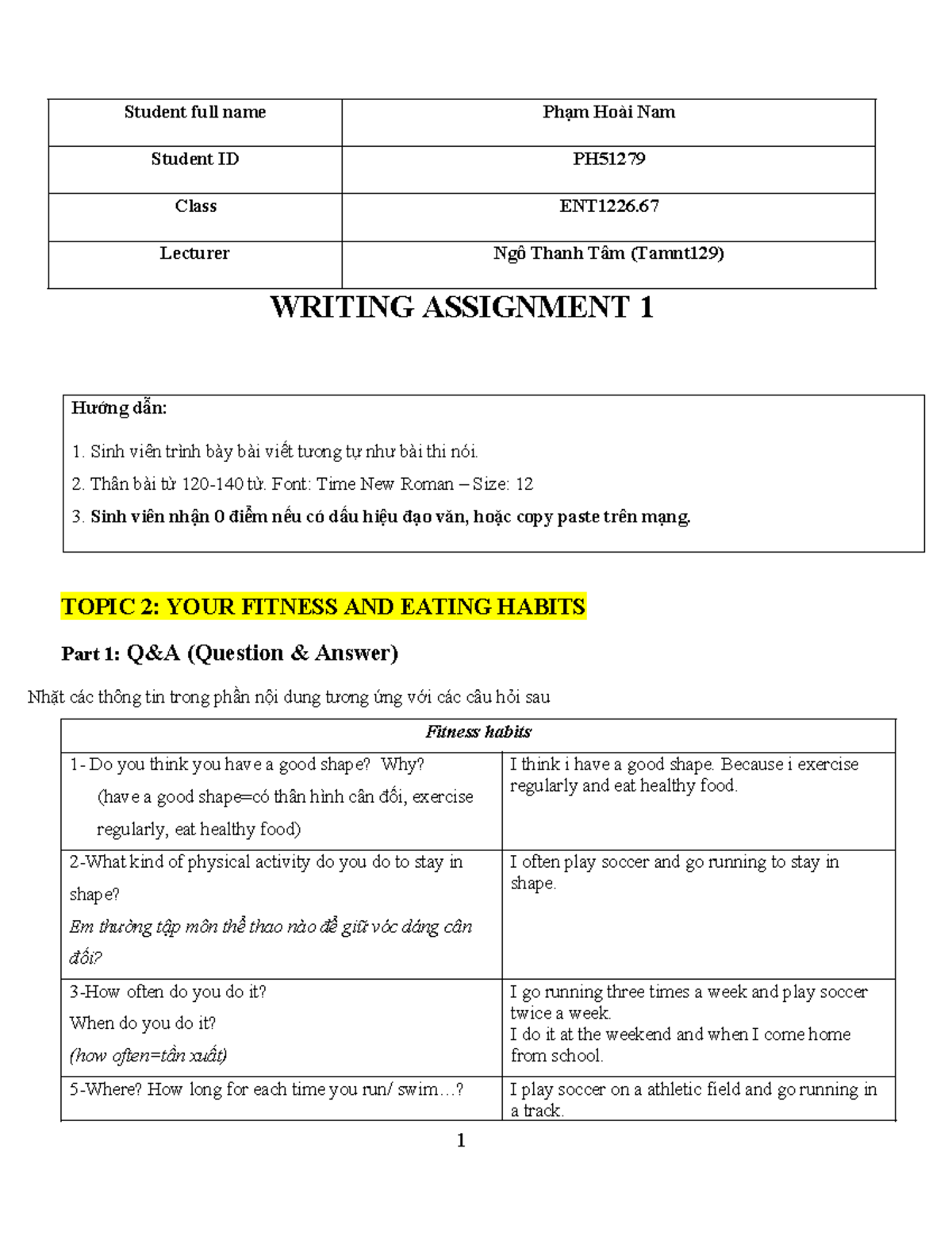 Topic 2: Fitness & Eating Habits - Writing Assignment for ENT1226 - Studocu