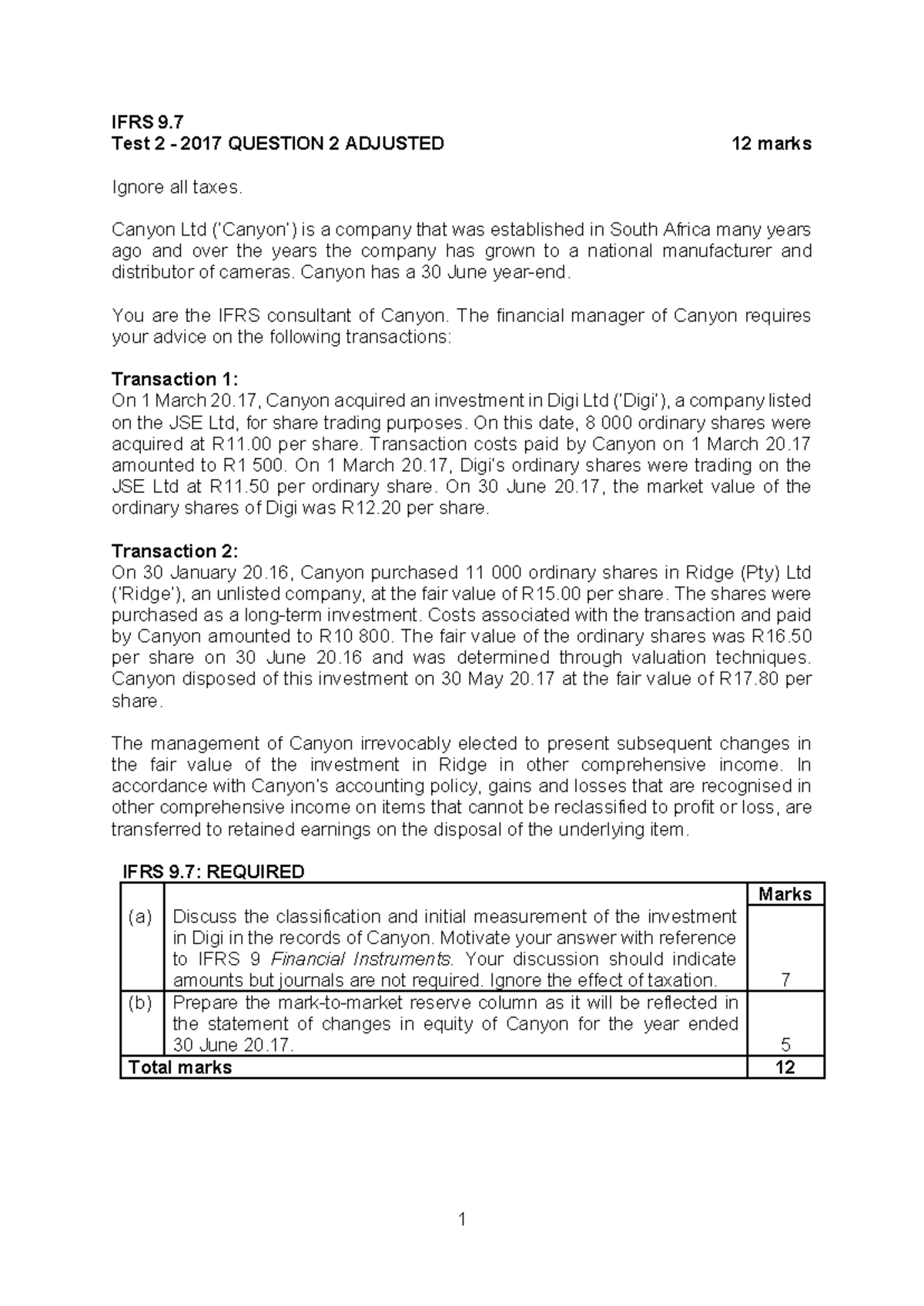 IFRS 9.7 Test 2 2017: Canyon Ltd Investment Analysis & Reporting - Studocu