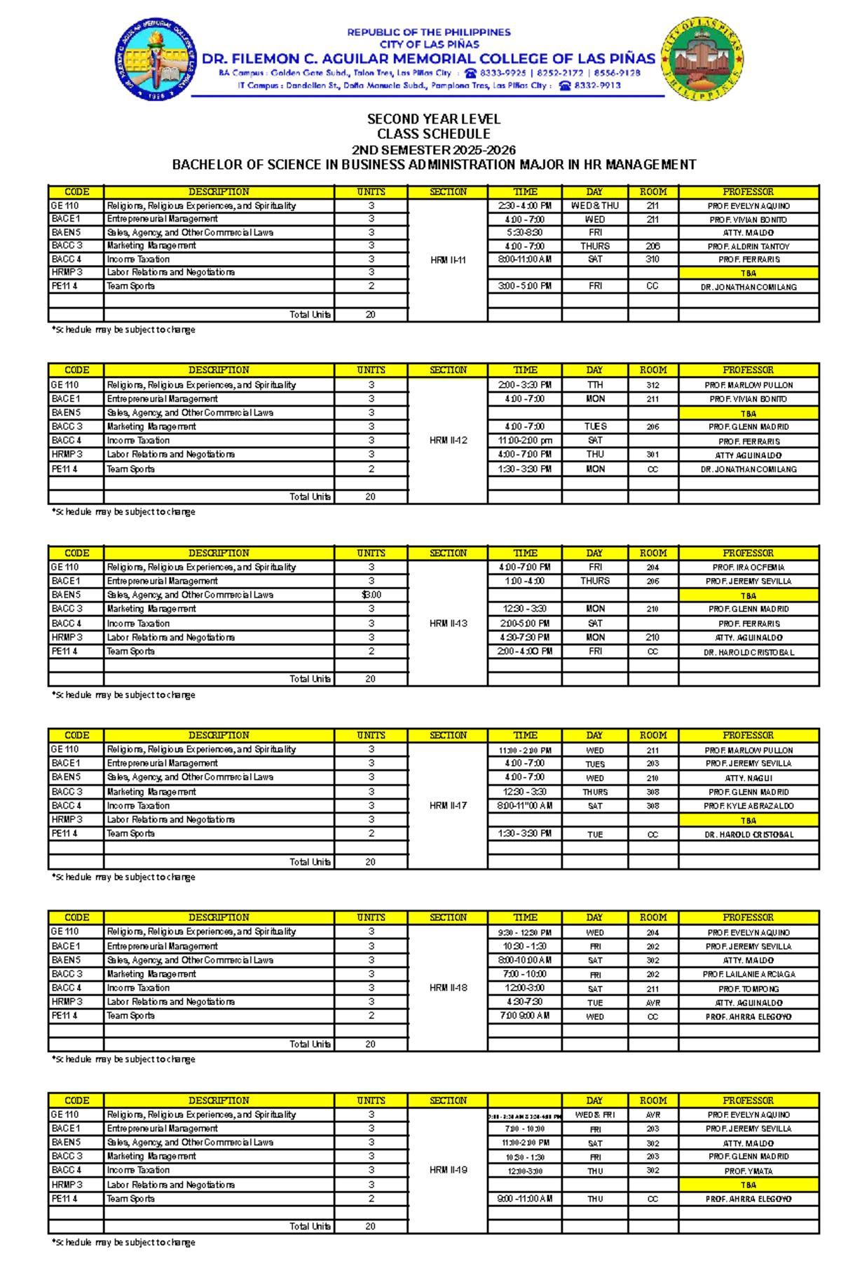 2nd Year BA HRM 2nd Sem Class Schedule & Subject Overview - Studocu
