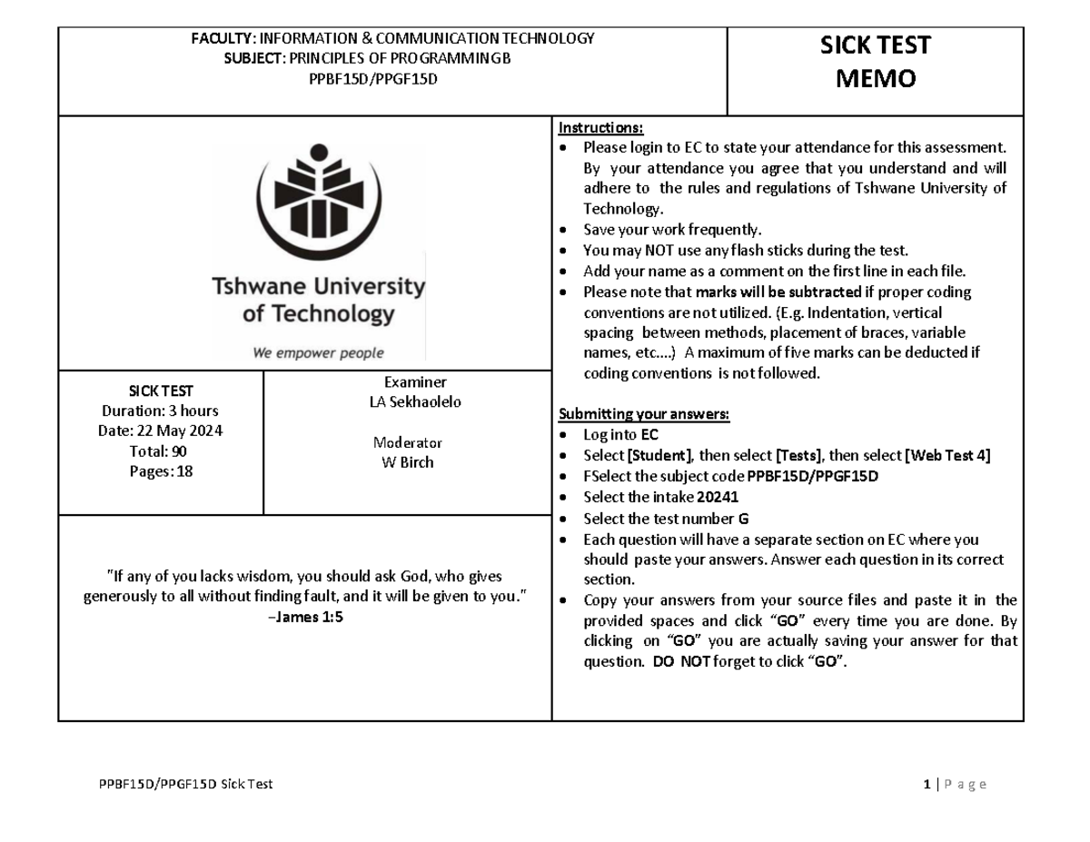 PPBF15D Sick Test 2024S1 Memo and Guidelines for Submission - Studocu
