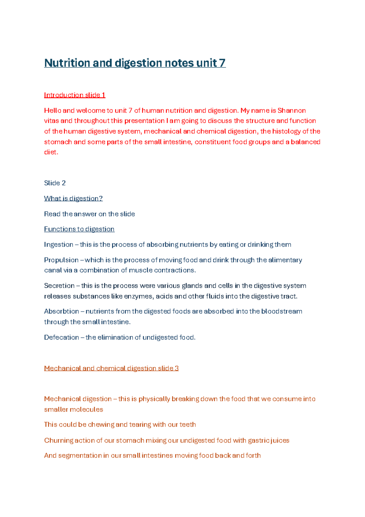 Nutrition and Digestion Notes: Unit 7 Overview and Key Concepts - Studocu