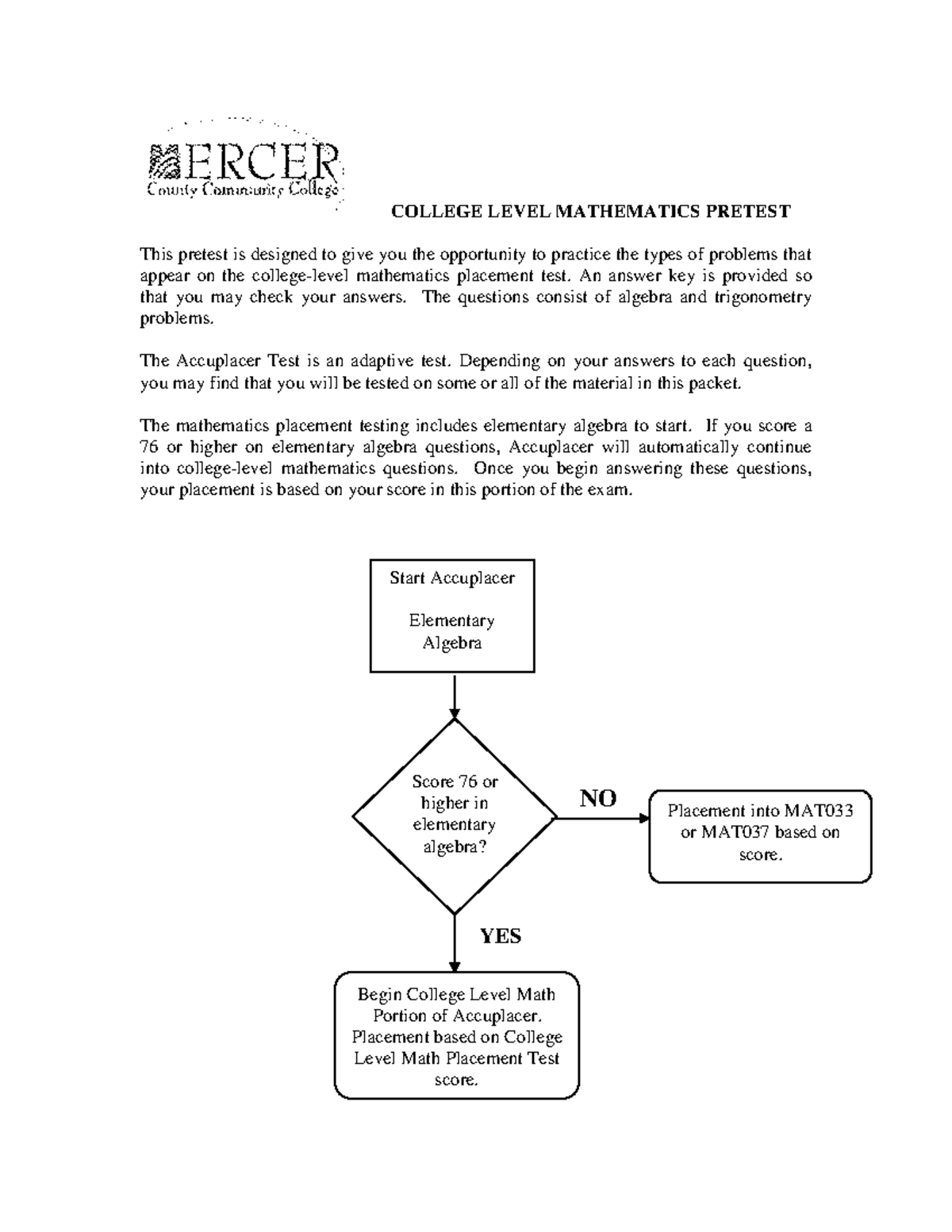 College Level Mathematics Placement Pretest: Practice Questions - Studocu