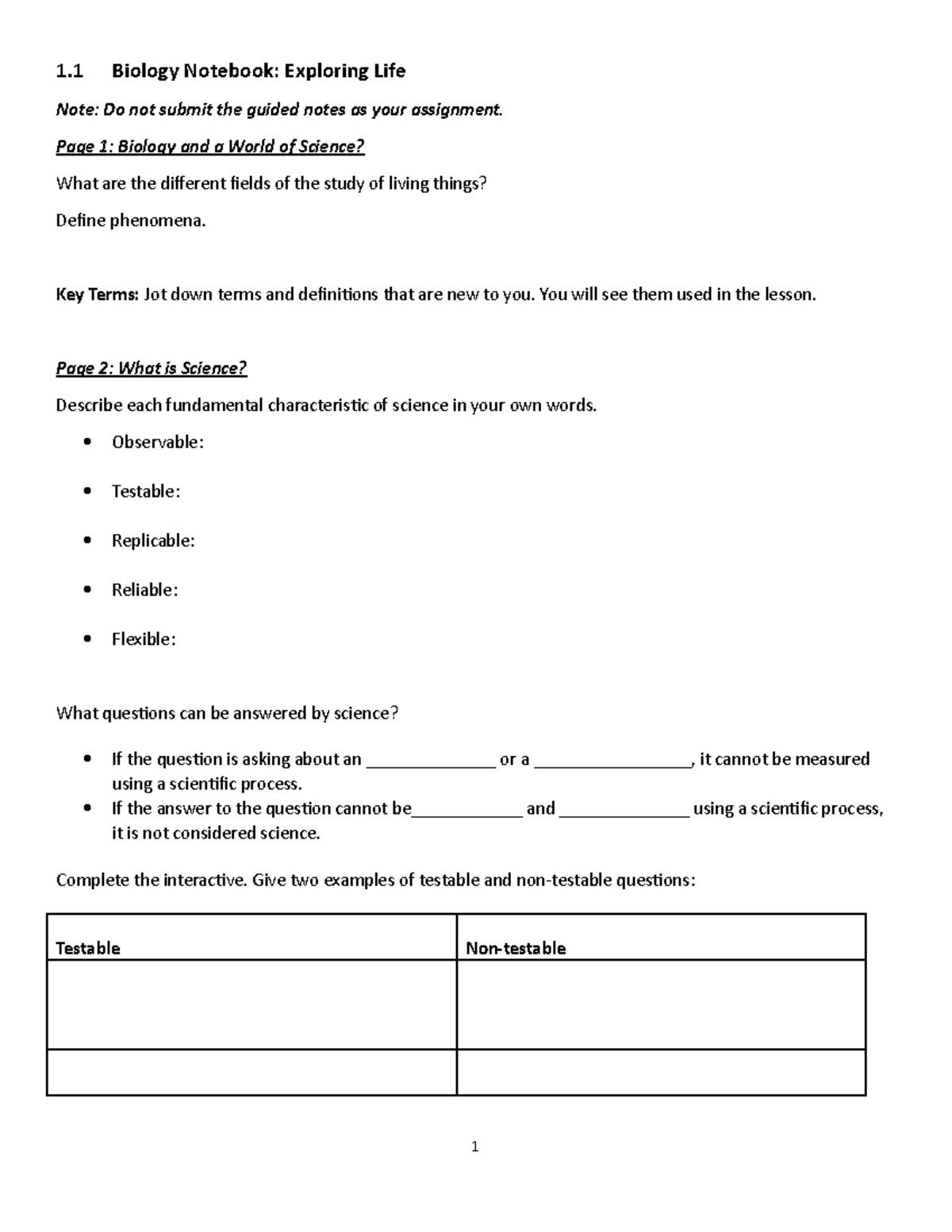 01 01 Lab Activity: Exploring Life in Biology - Guided Notes - Studocu