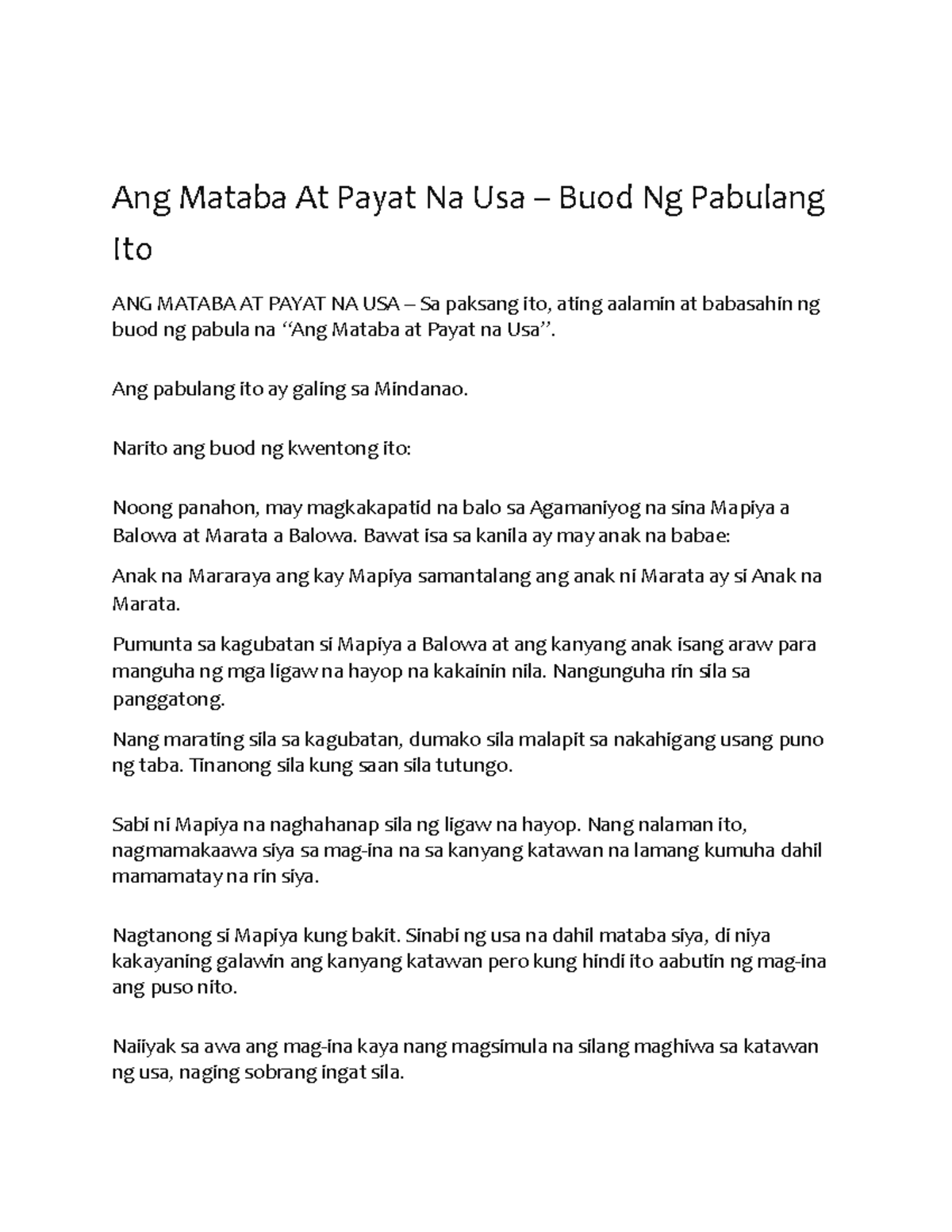 Buod ng Pabulang "Ang Mataba at Payat Na Usa" - Studocu