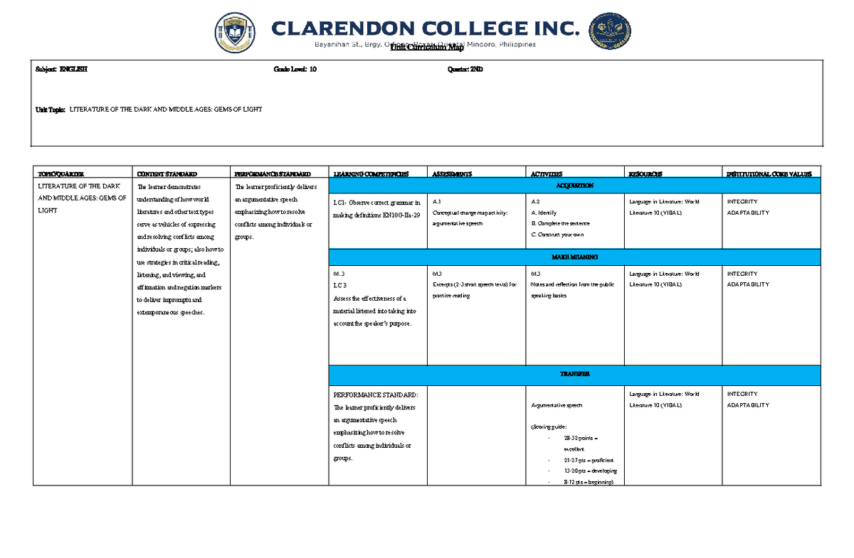 Q2 ENG 10 Curriculum Map: Literature of the Dark & Middle Ages - Studocu
