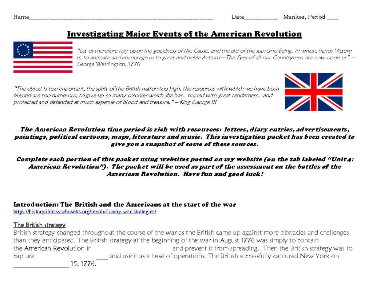 Webquest: Major Events of the American Revolution (US History 2019 ...