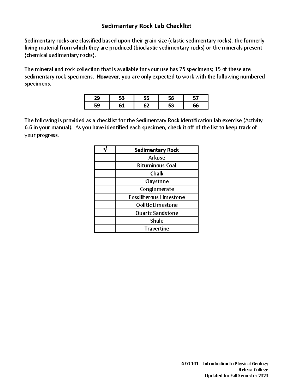 Lab #6.6 - Sedimentary Rock Checklist - GEO 101 – Introduction to ...