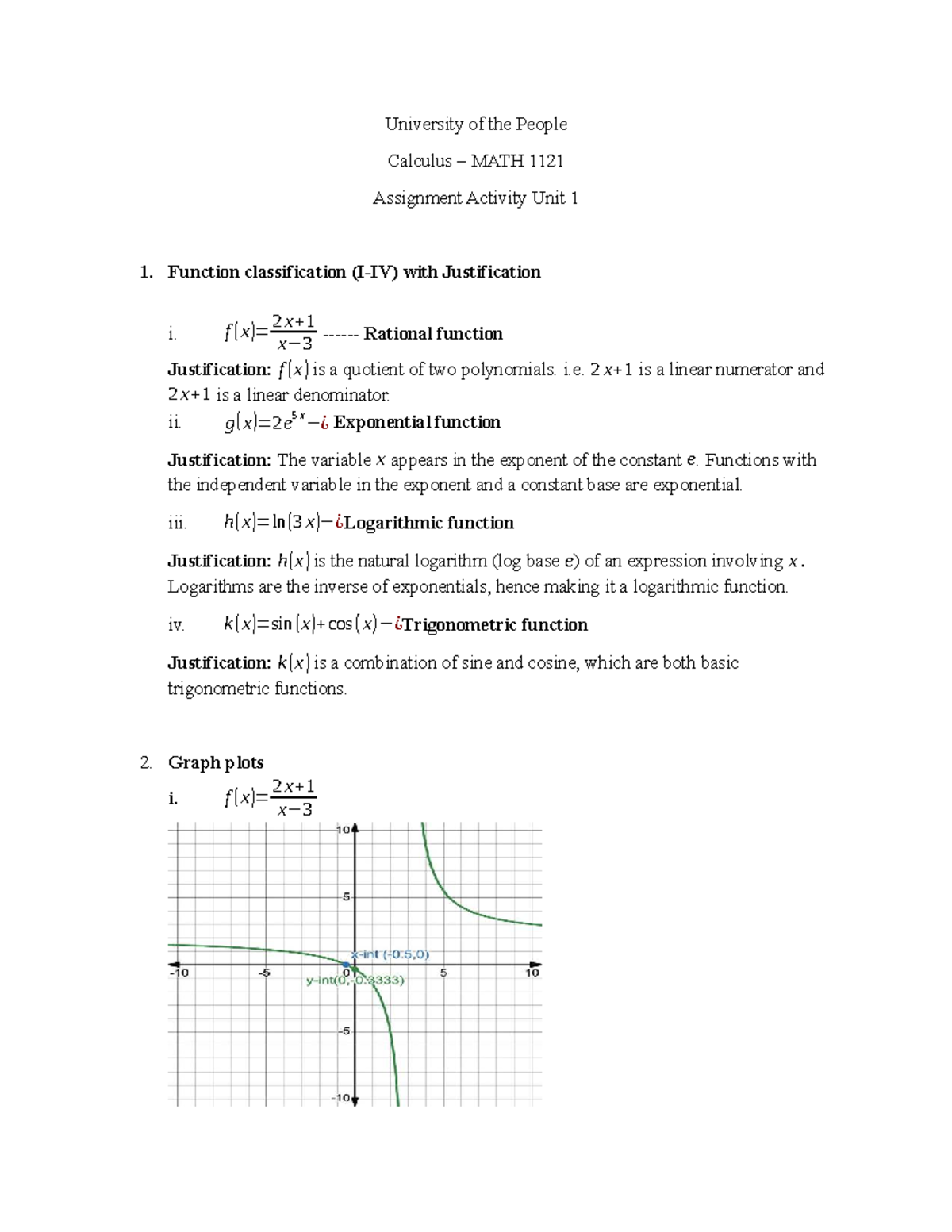 Calculus MATH 1121 Assignment Activity Unit 1: Function Classifications ...