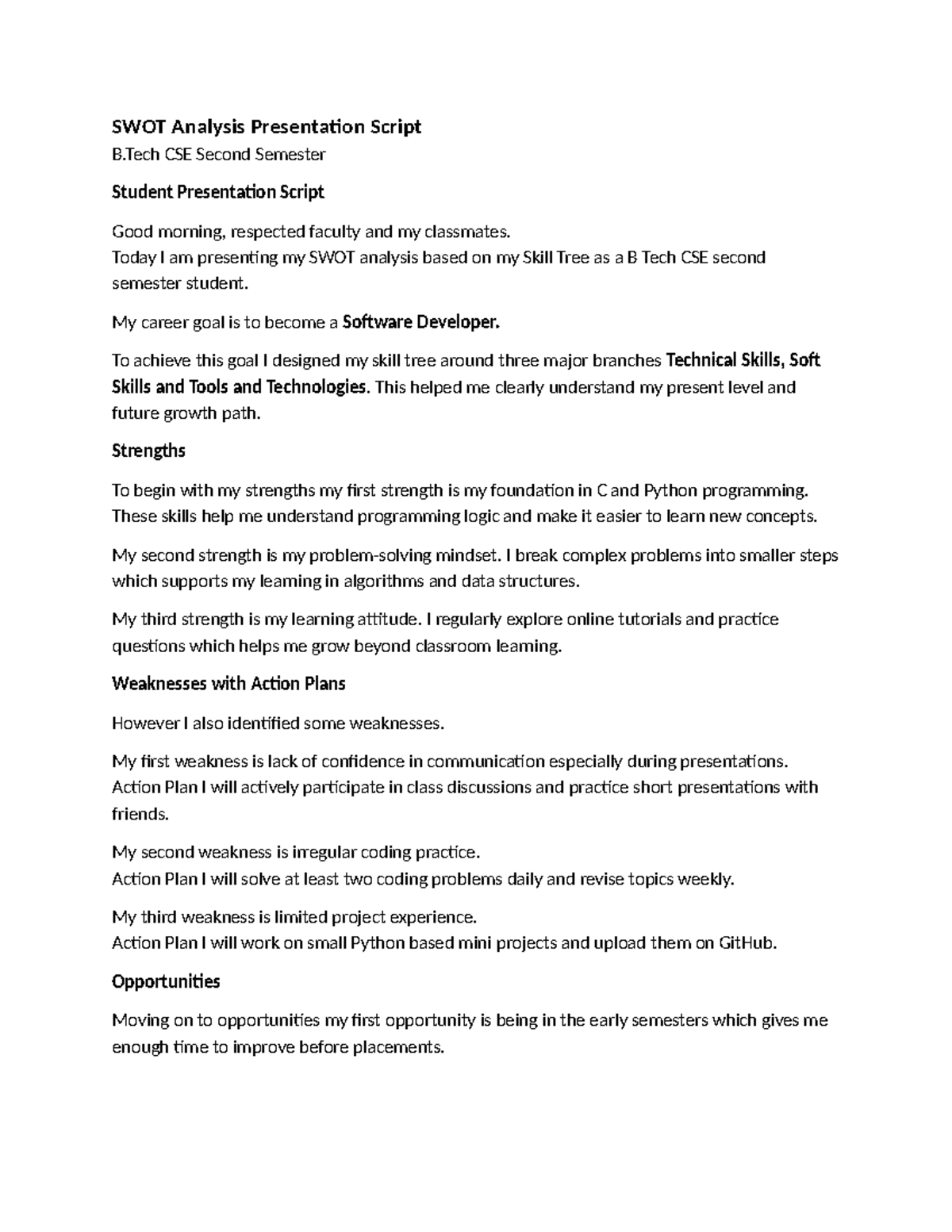 SWOT Analysis Presentation Script B.Tech CSE 2nd Sem - Studocu