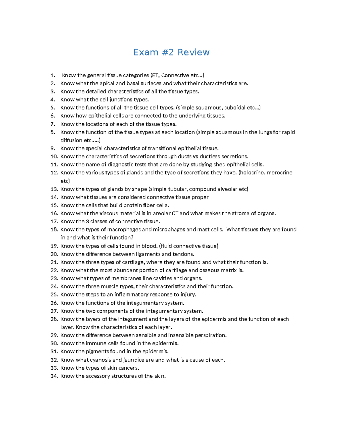 Exam #2 Review: Tissue Types and Integumentary System (BIO 101) - Studocu