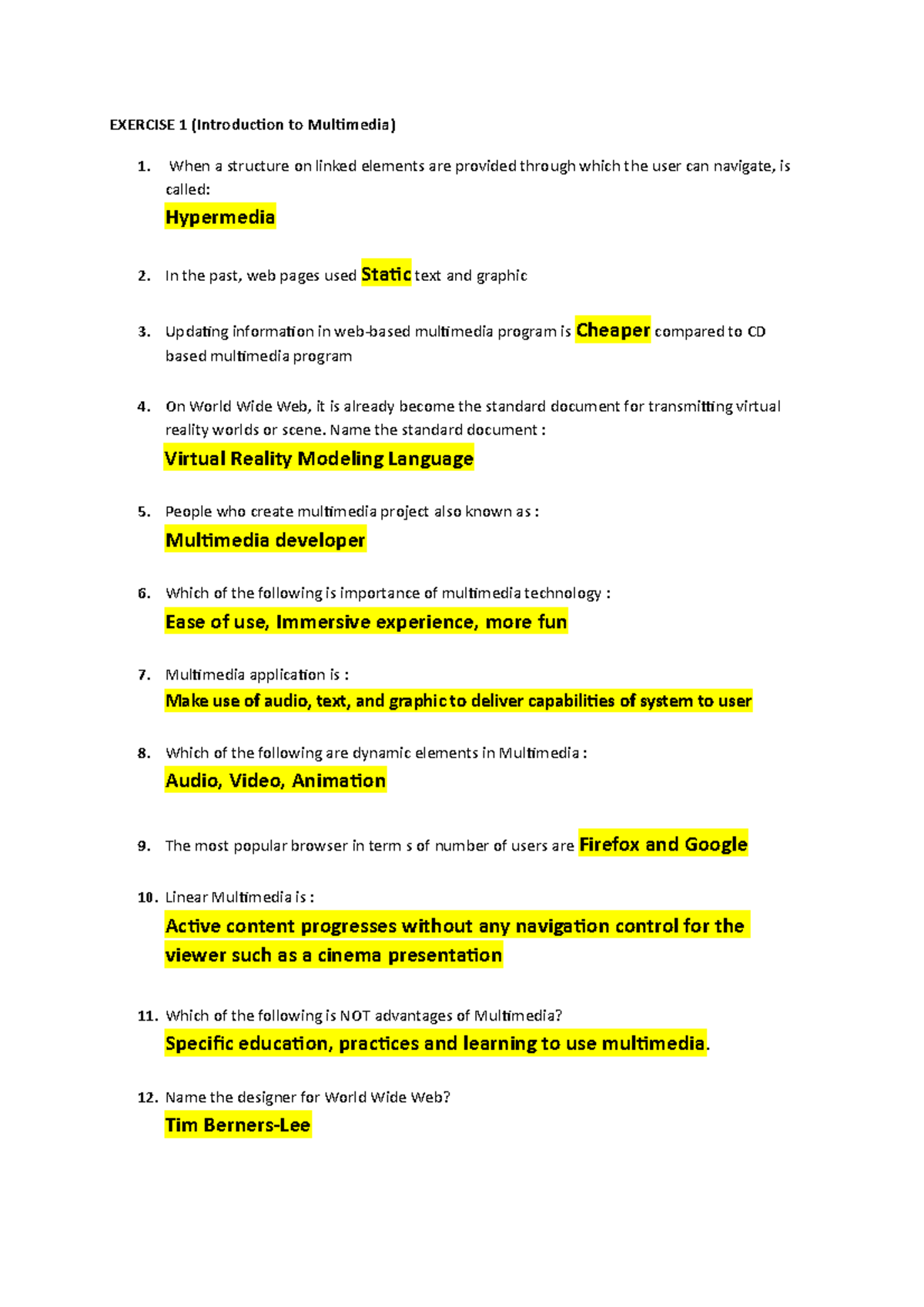 CSC253 Exercise Cover: MCQs on Multimedia Concepts (Ch 1-4) - Studocu