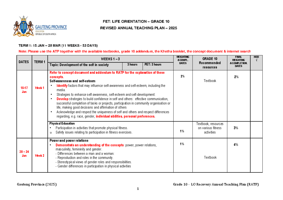 2025 GP LO GR 10 Recovery Annual Teaching Plan (RATP) - Studocu