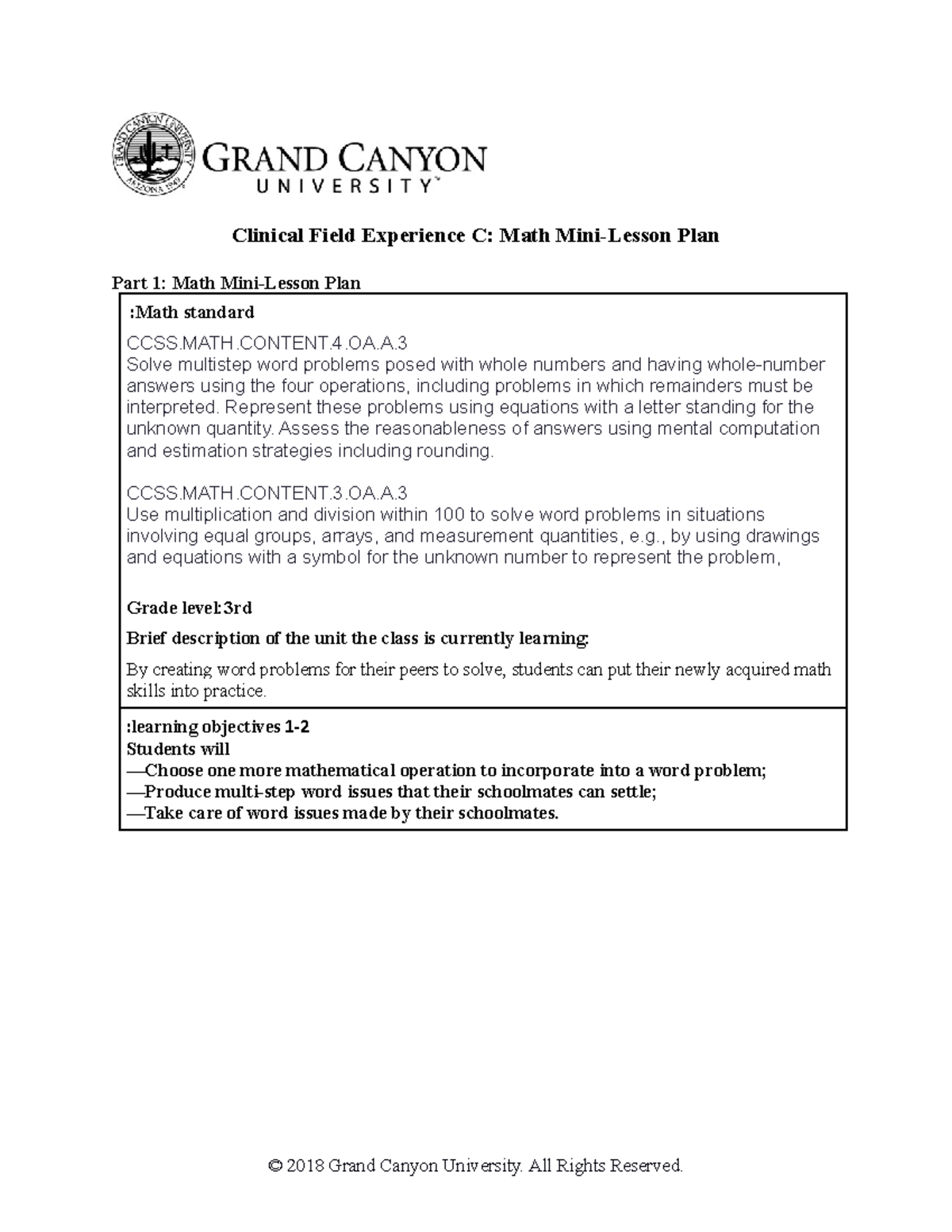 Clinical Field Experience C: Math Mini-Lesson Plan for 3rd Graders ...