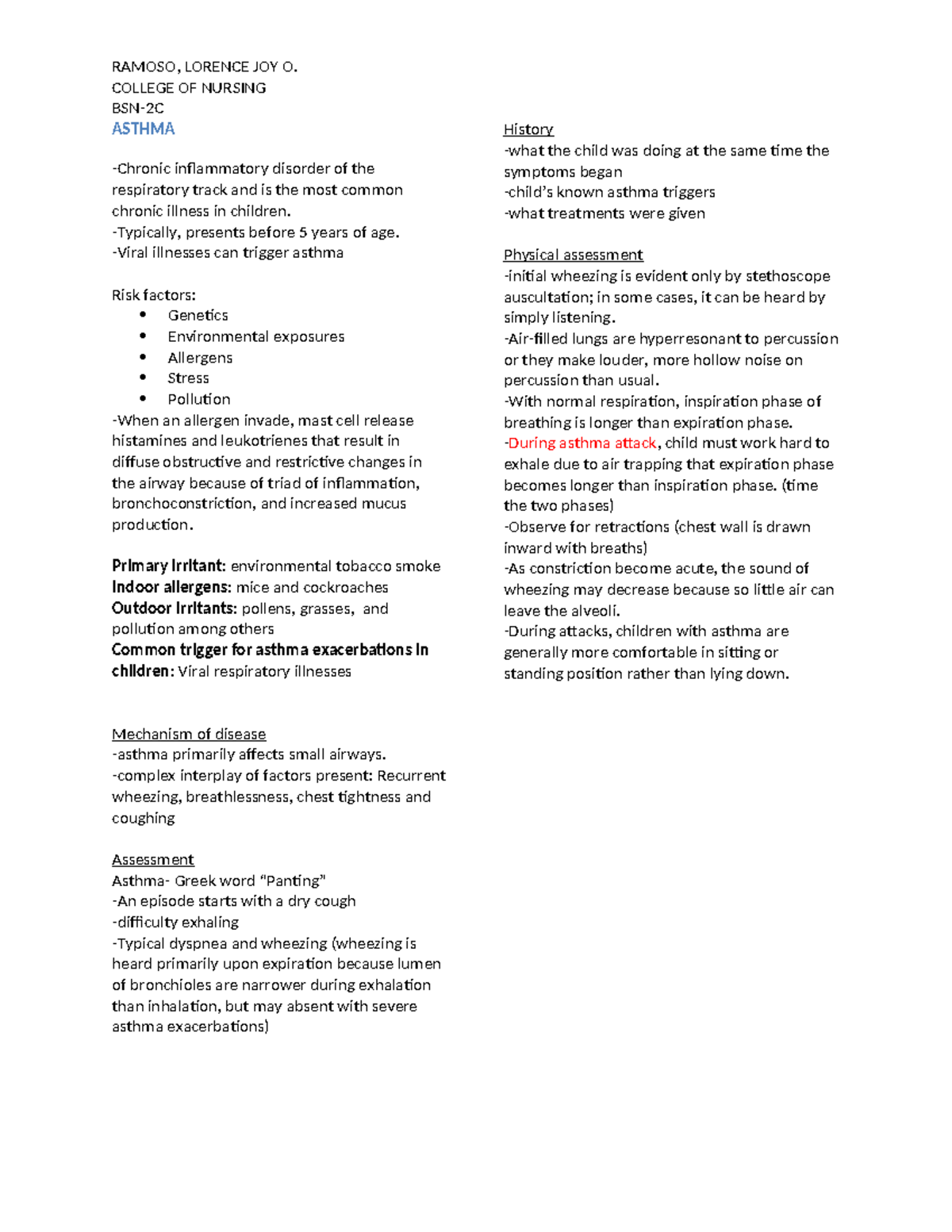 ASTHMA MEDSURGE REVIEWER - COLLEGE OF NURSING BSN-2C ASTHMA -Chronic ...