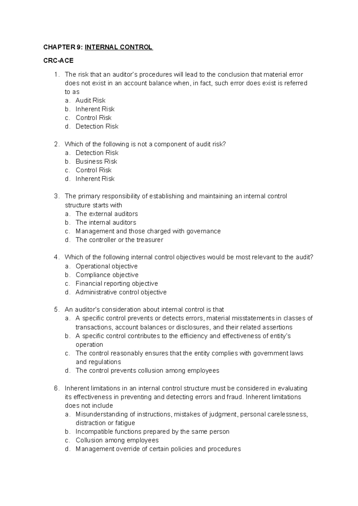 CHAPTER 9: INTERNAL CONTROL REVIEW NOTES - Studocu