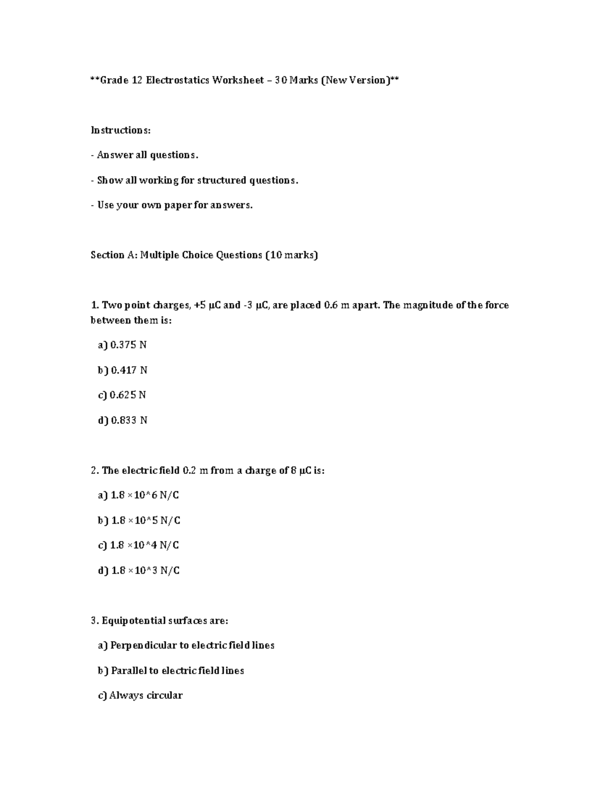 Grade 12 Electrostatics Worksheet: 30 Marks Questions - Studocu