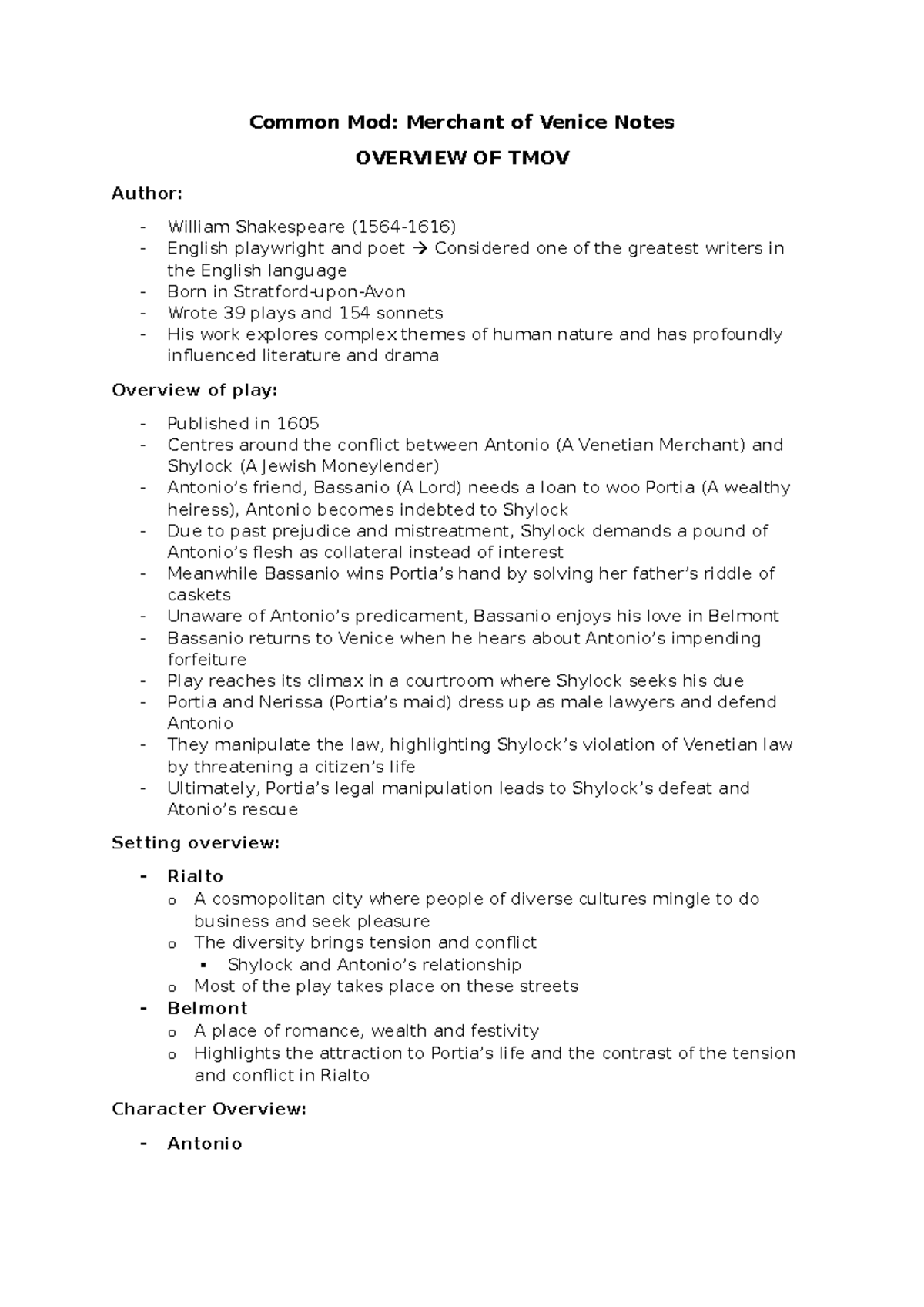 ENG 101: Full Merchant of Venice Notes and Analysis - Studocu