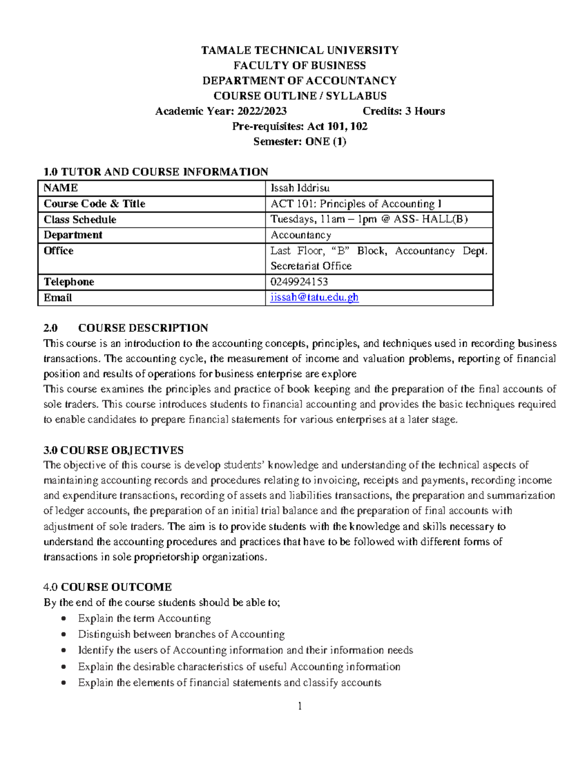 ACT 101: Principles of Accounting I Course Outline & Syllabus - Studocu