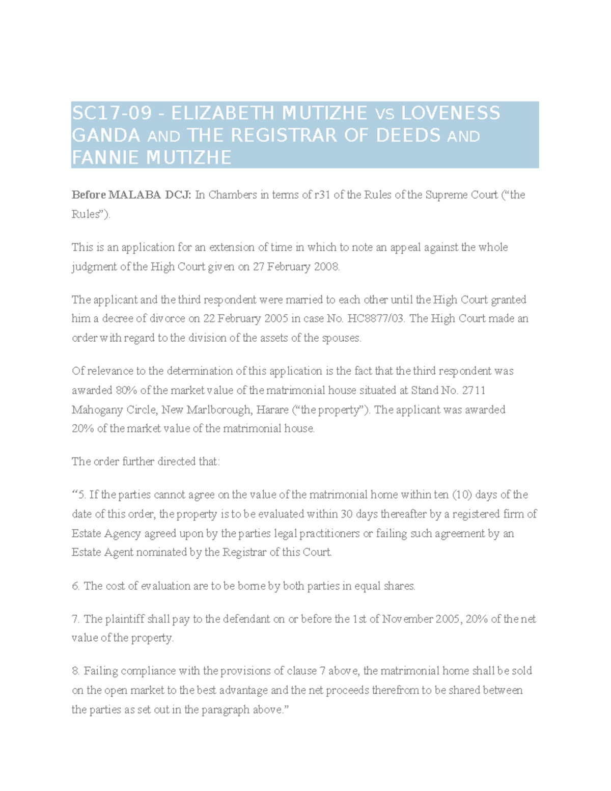SC17-09 - Application for Extension of Time in Mutizhe Divorce Appeal ...