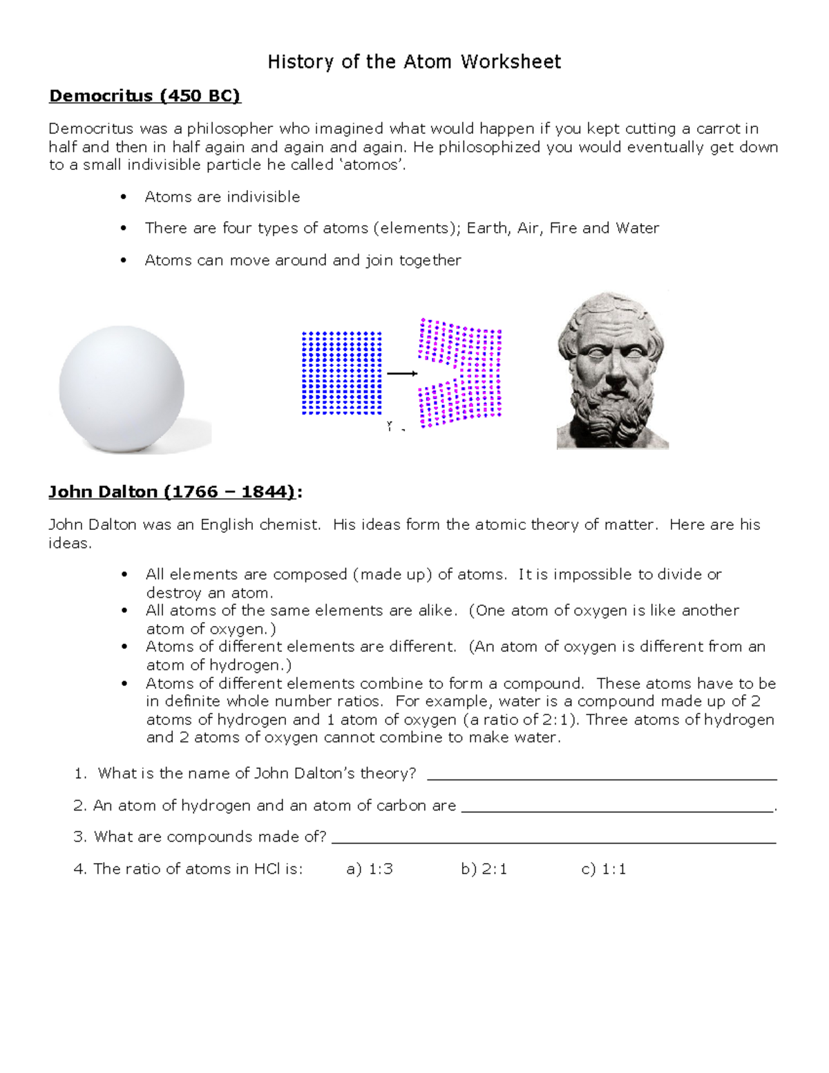 03. History of the Atom Worksheet: Key Theories and Discoveries - Studocu