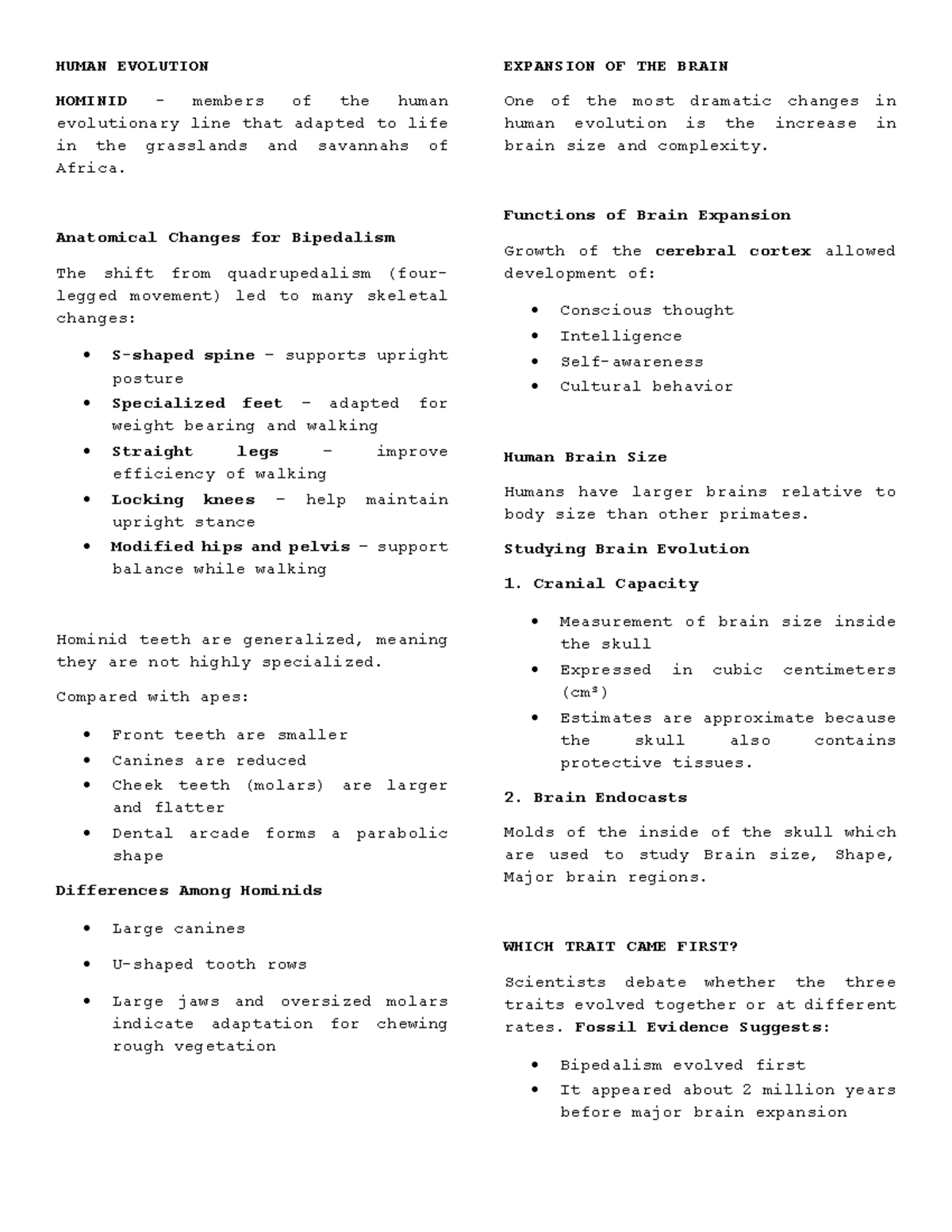HUMAN EVOLUTION (BIO 101): Brain Expansion and Hominid Adaptations ...