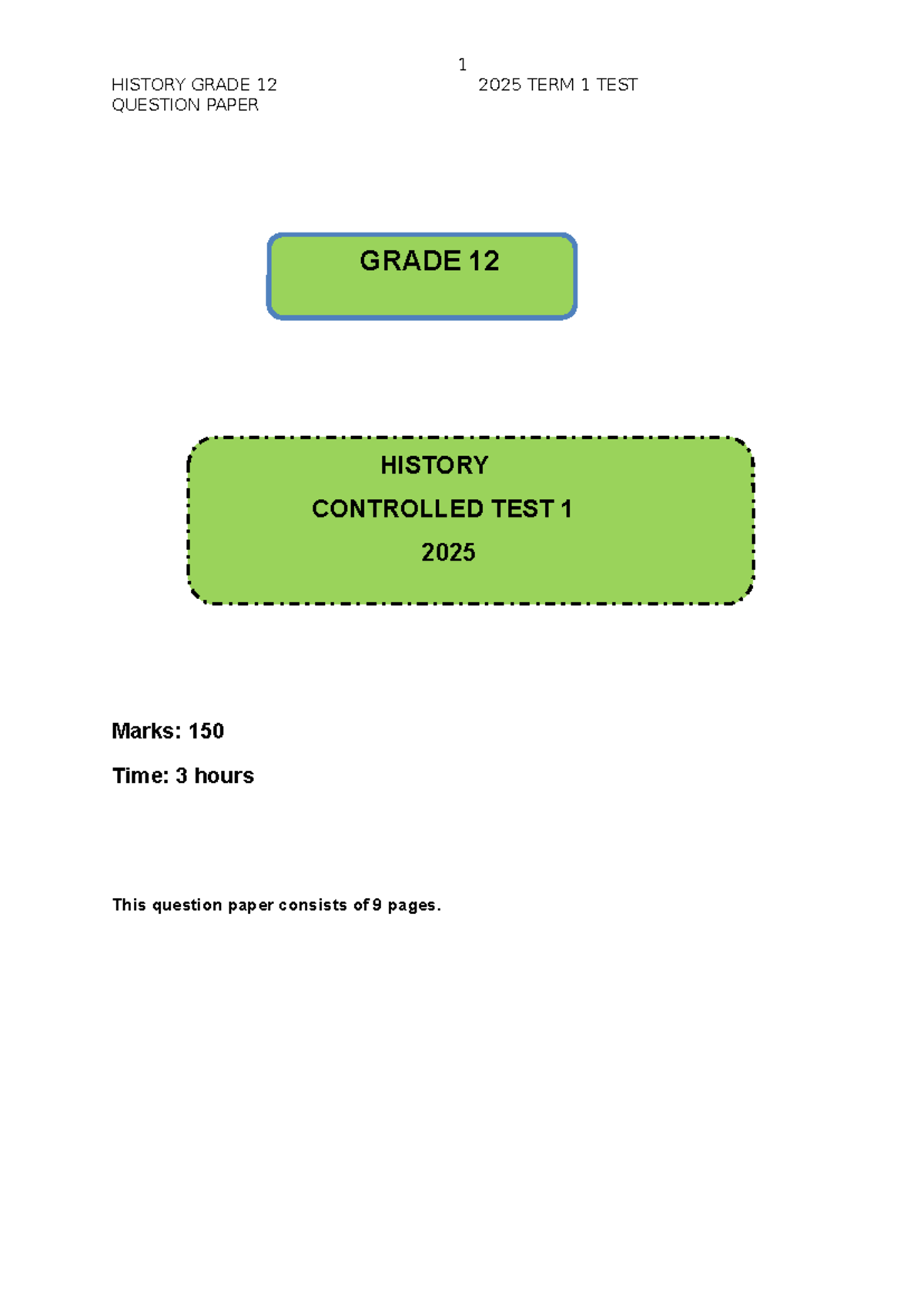HISTORY GRADE 12 TERM 1 TEST 2025 QUESTION PAPER - Studocu