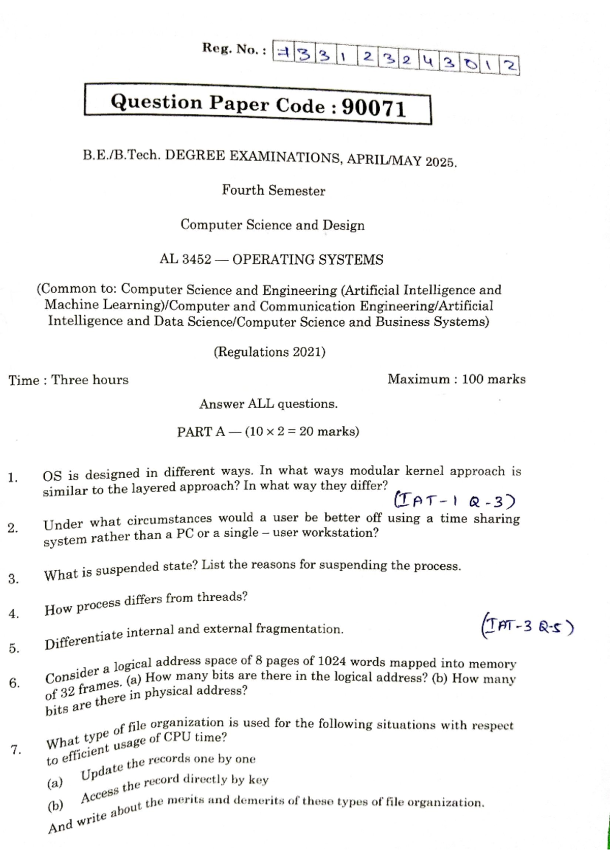 AL 3452 Operating Systems - Degree Exam Question Paper 2025 - Studocu