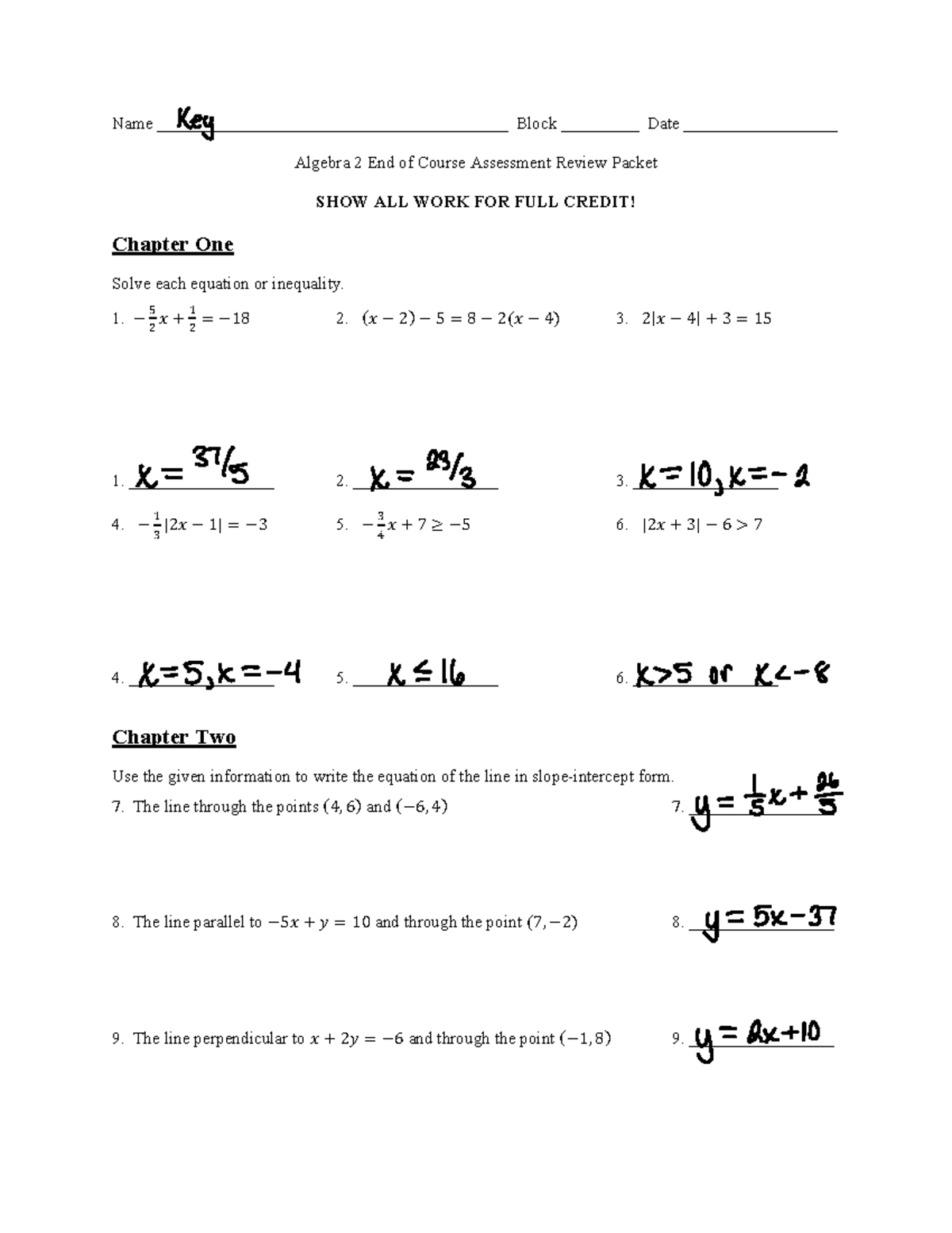 Algebra 2 End of Course Assessment Review Packet - Studocu