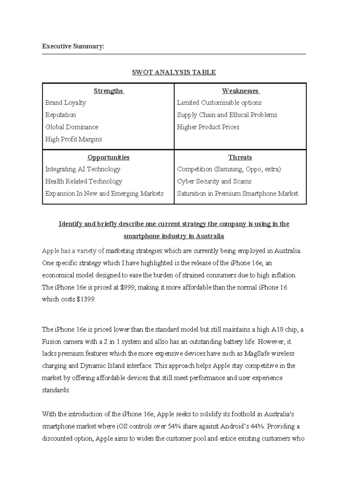 Executive Summary: SWOT Analysis & Strategy for Apple iPhone 16e - Studocu