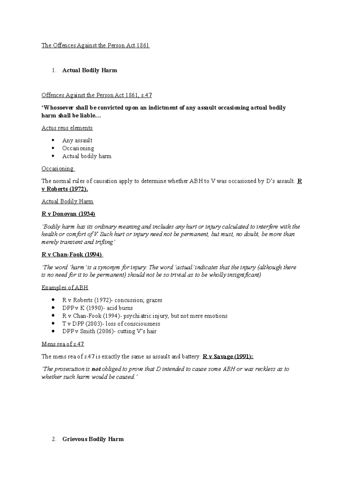 ABH and GBH - Lecture Notes on Offences Against the Person Act 1861 ...