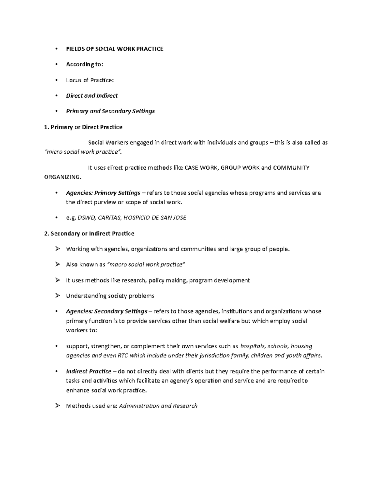 SW 16 Handout: Locus of Practice in Social Work Fields - Studocu