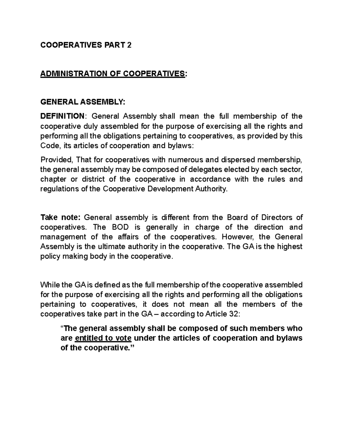 COOPERATIVES PART 2: ADMINISTRATION & GENERAL ASSEMBLY NOTES - Studocu