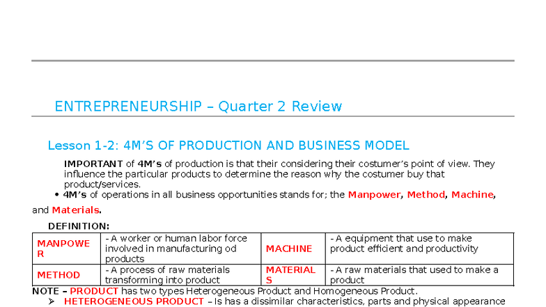 ENTREPRENEURSHIP Q2 REVIEW: PRODUCTION & BUSINESS MODEL ESSENTIALS ...