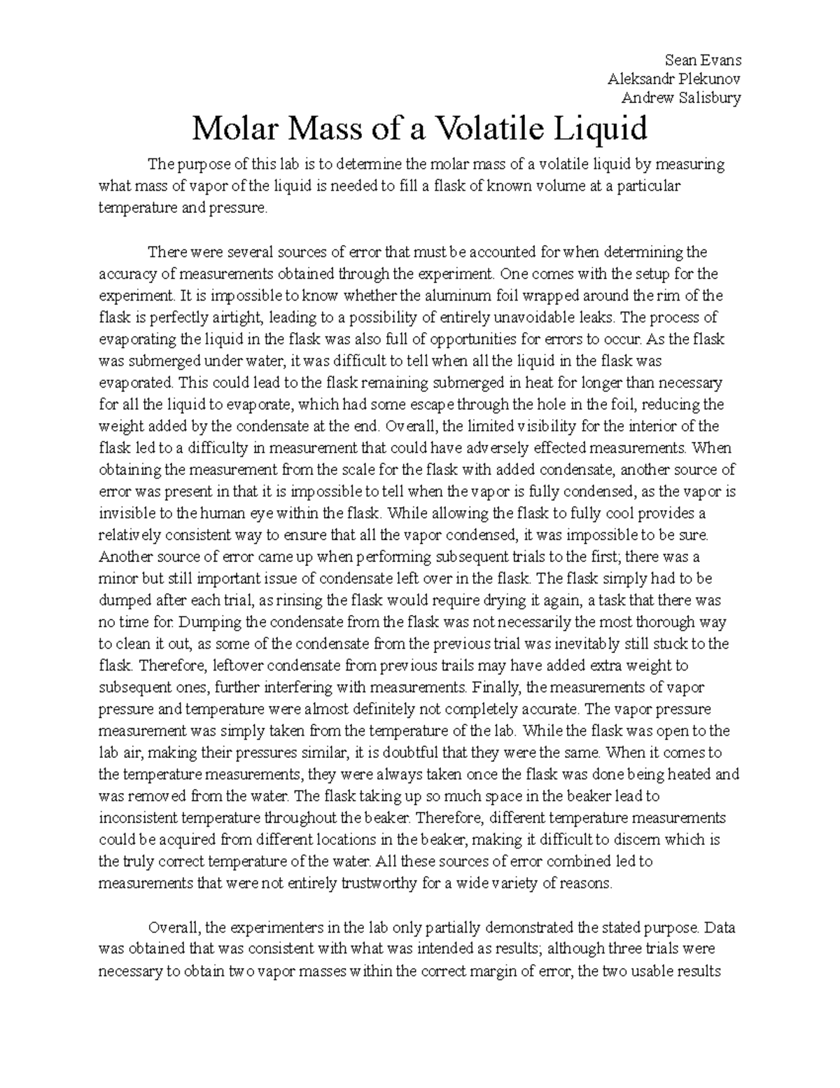 Lab Report: Determining Molar Mass of Volatile Liquid [CHEM101] - Studocu