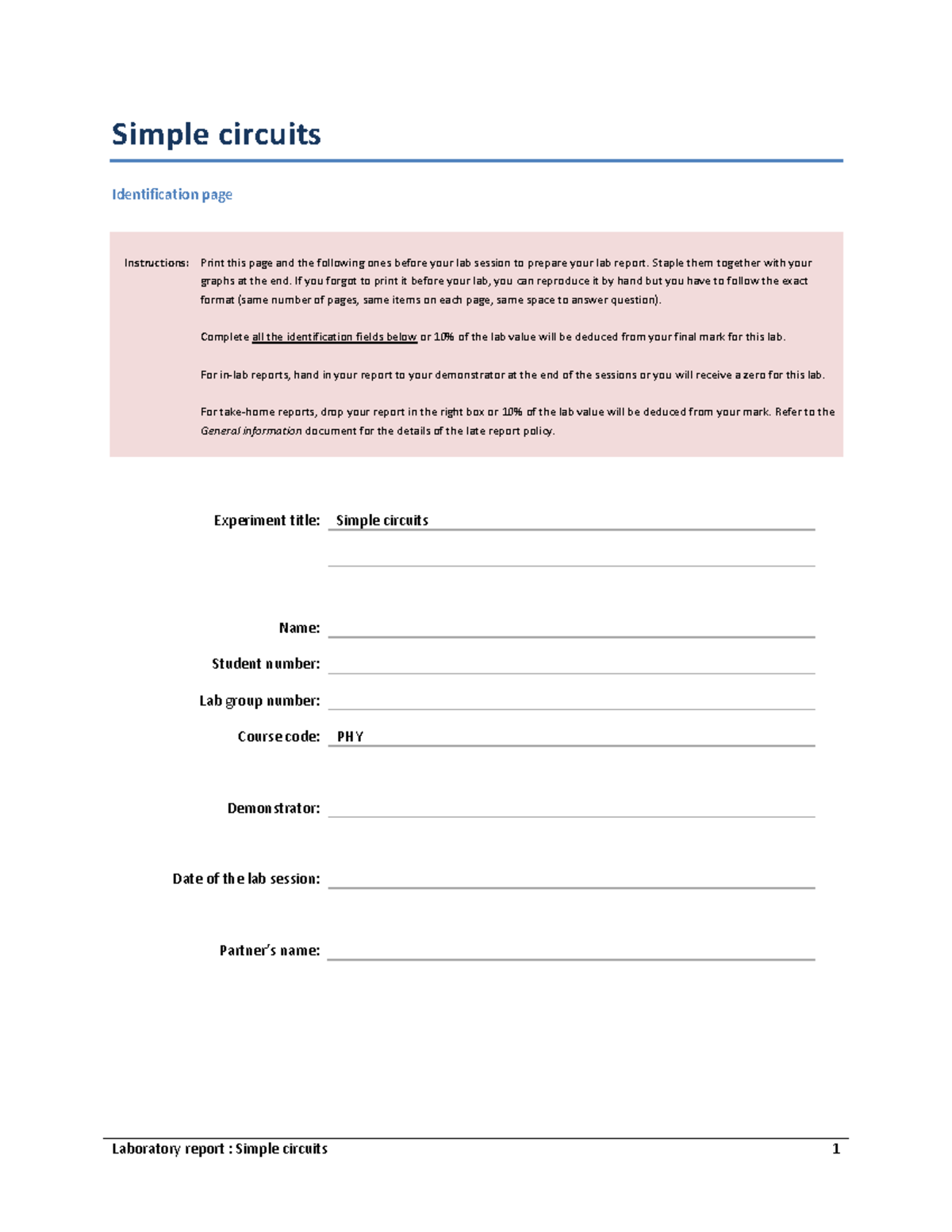 PHY Simple Circuits Lab Report Instructions and Data Sheet - Studocu