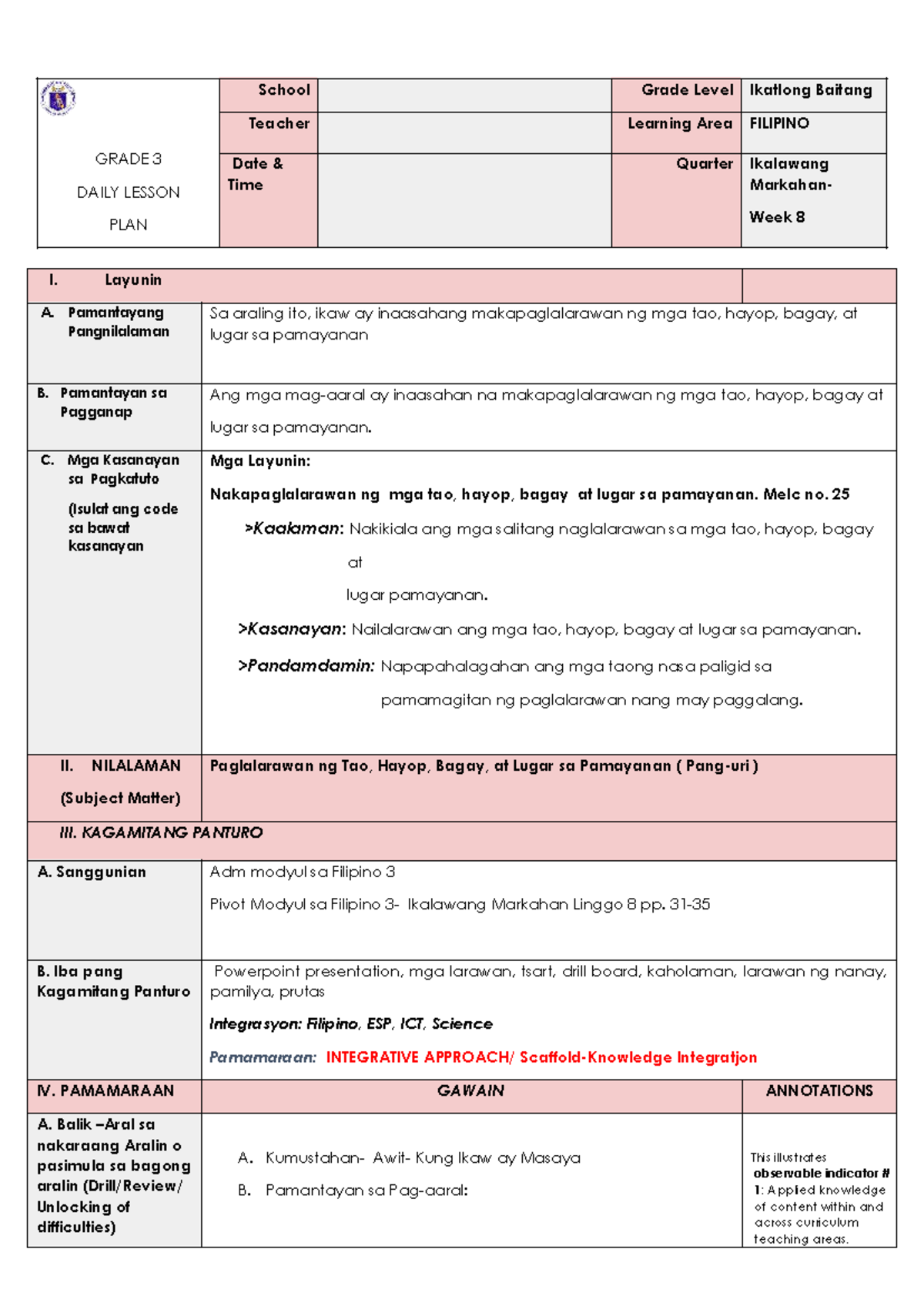 COT-Filipino 3 Q2 W8 - Daily Lesson Plan on Descriptive Skills - Studocu