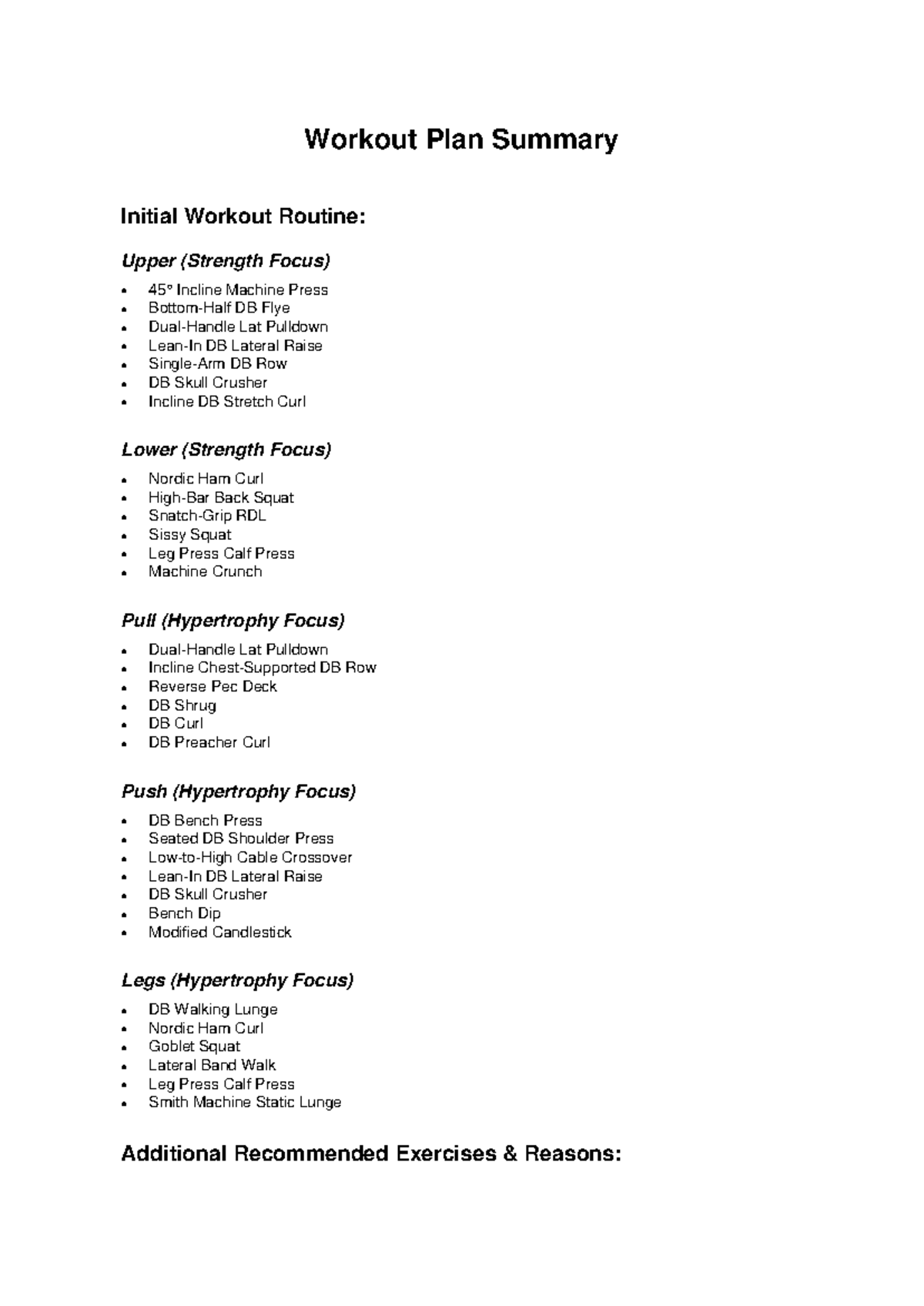 Workout Plan Summary: Strength & Hypertrophy Routine - Studocu