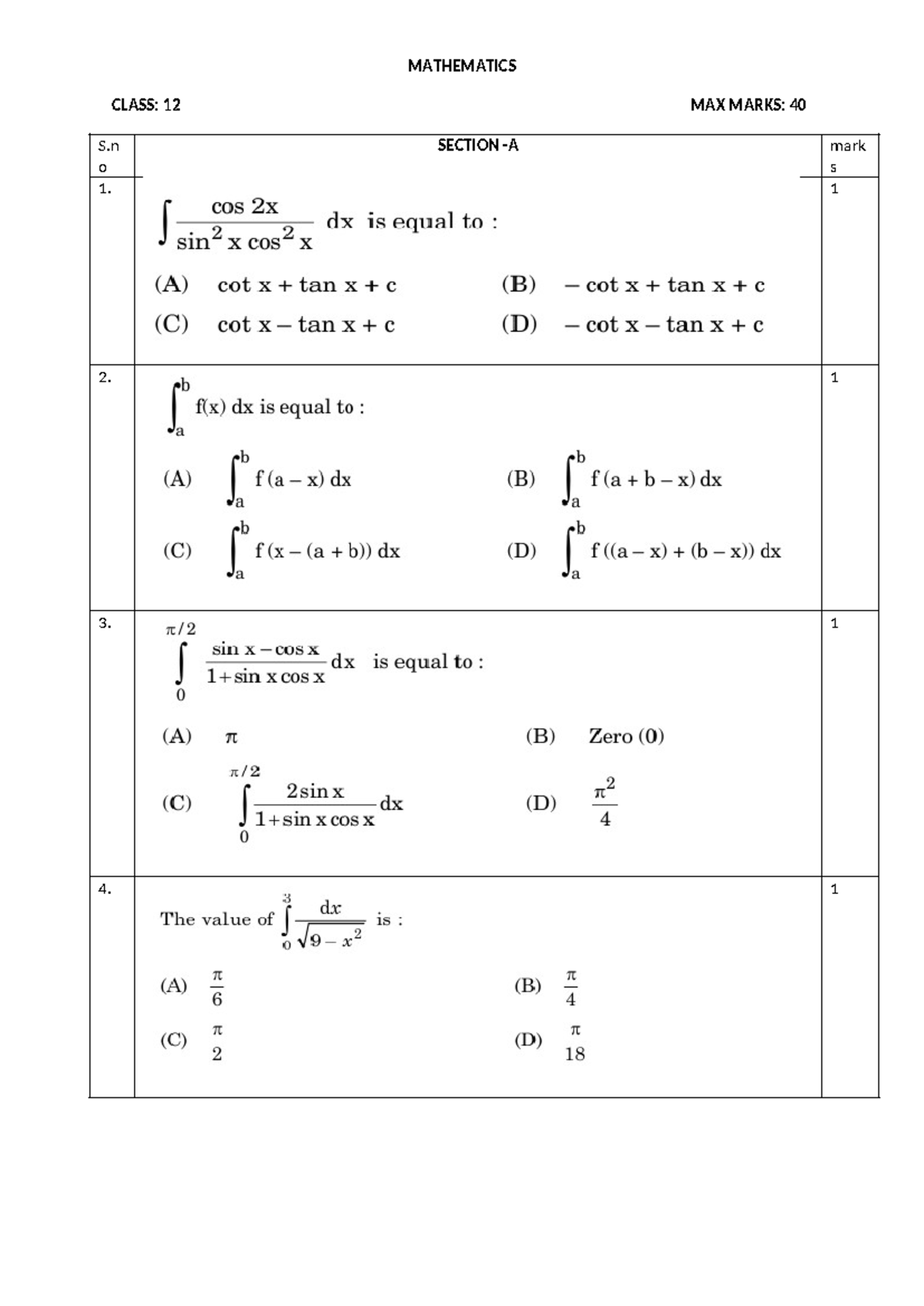 Maths QP - GOOD - Physics Class 12 - MATHEMATICS CLASS: 12 MAX MARKS ...