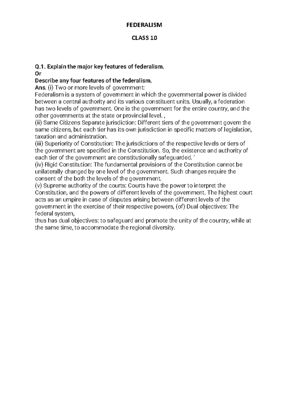 Federalism Class 10: Key Features and Decentralization Explained - Studocu