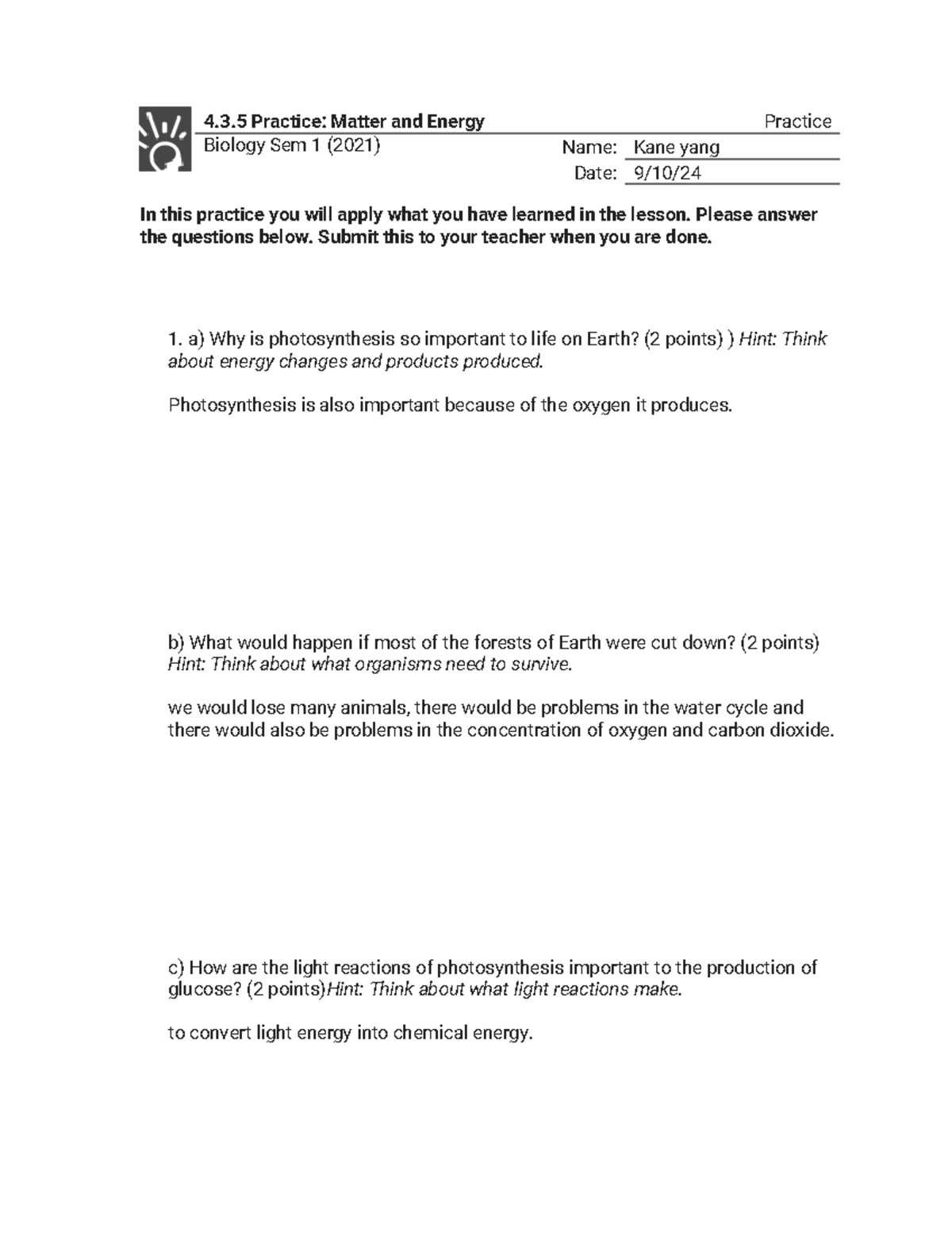 4.3.5 Practice - Matter and Energy Concepts Review (Biology Sem 1 ...