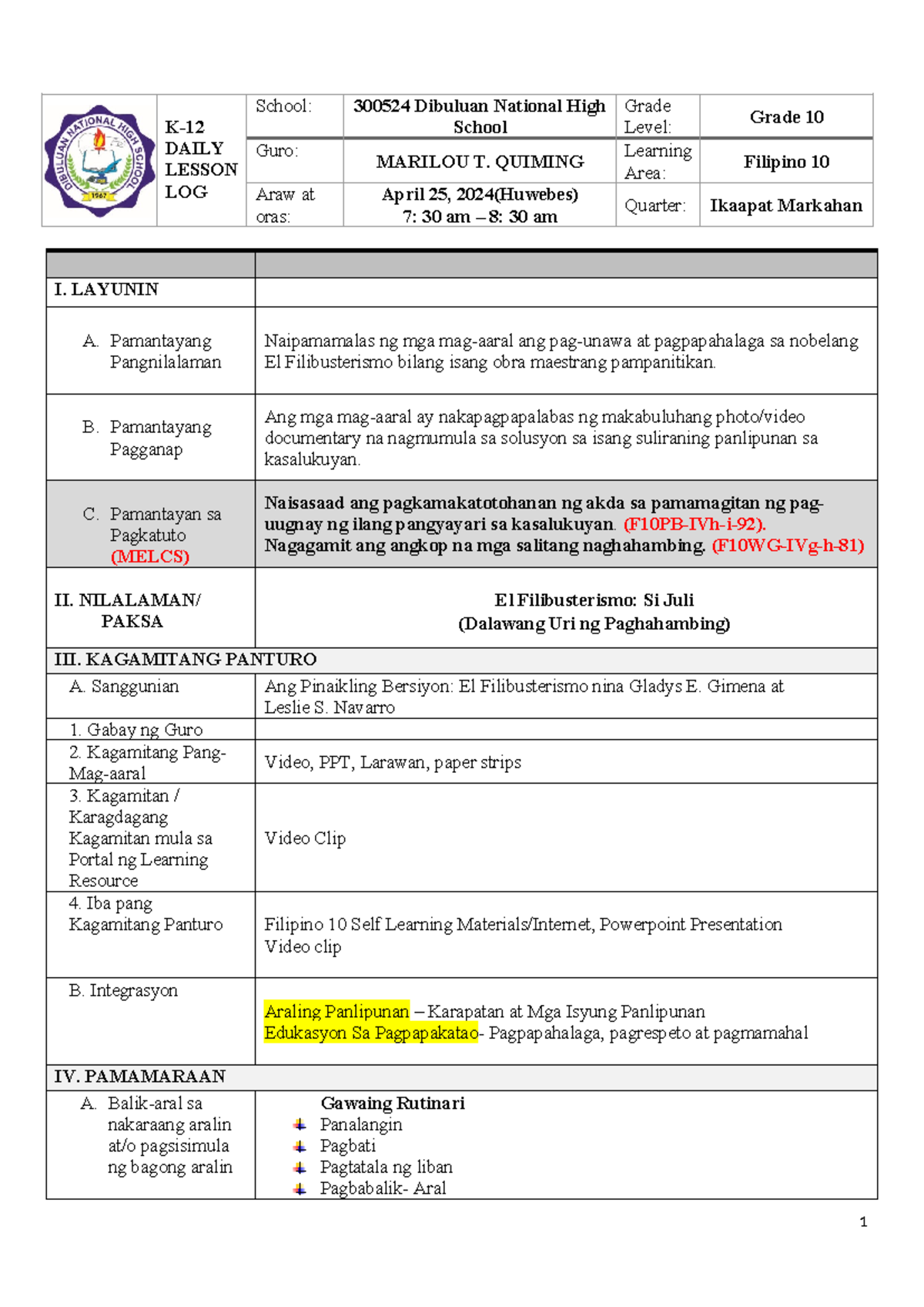Filipino 10 Lesson Log on El Fili: Si Juli (Kabanata 30) - Studocu