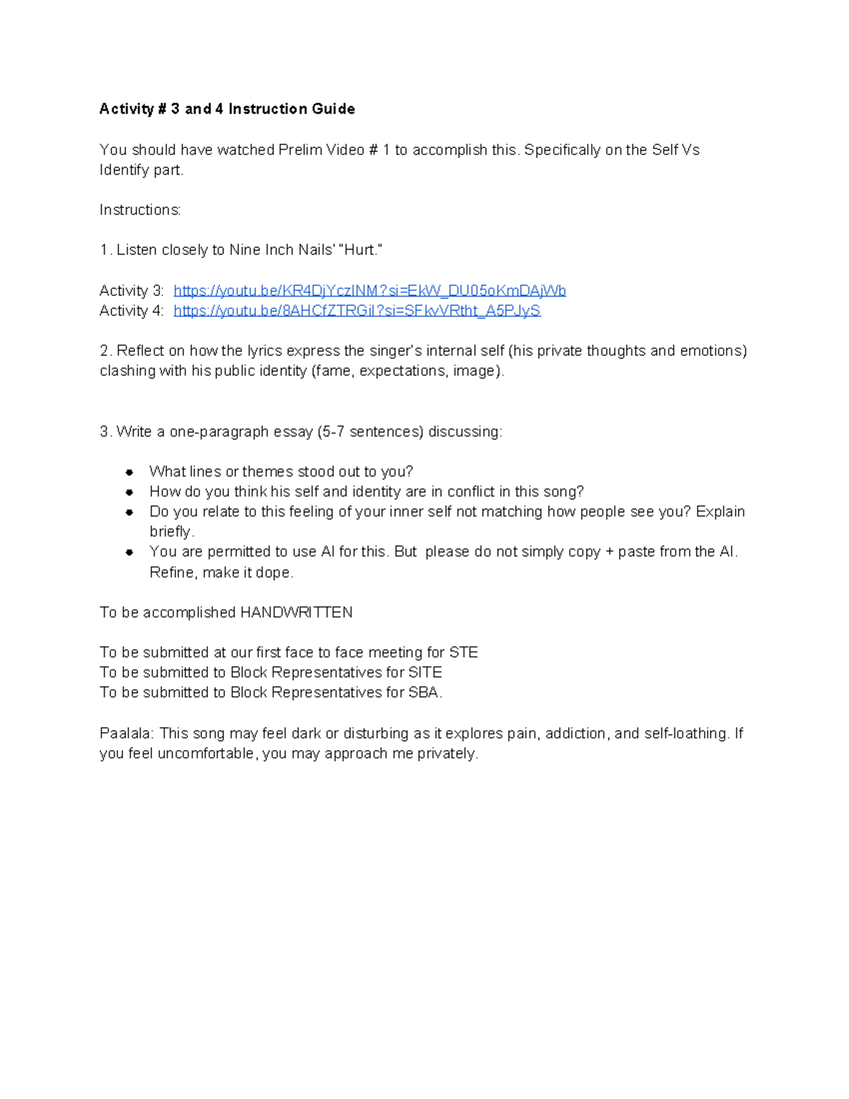Activity 3 & 4: Self vs Identity Reflection Guide (STE) - Studocu