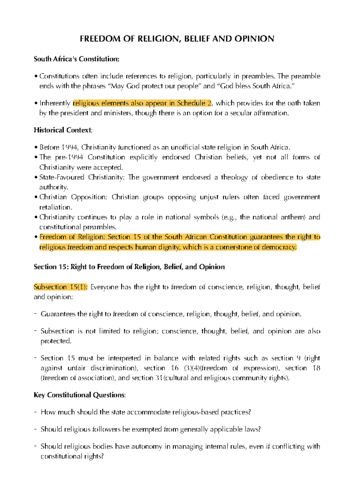 PBL Notes - PBL 220 Summaries - FREEDOM OF RELIGION, BELIEF AND OPINION ...