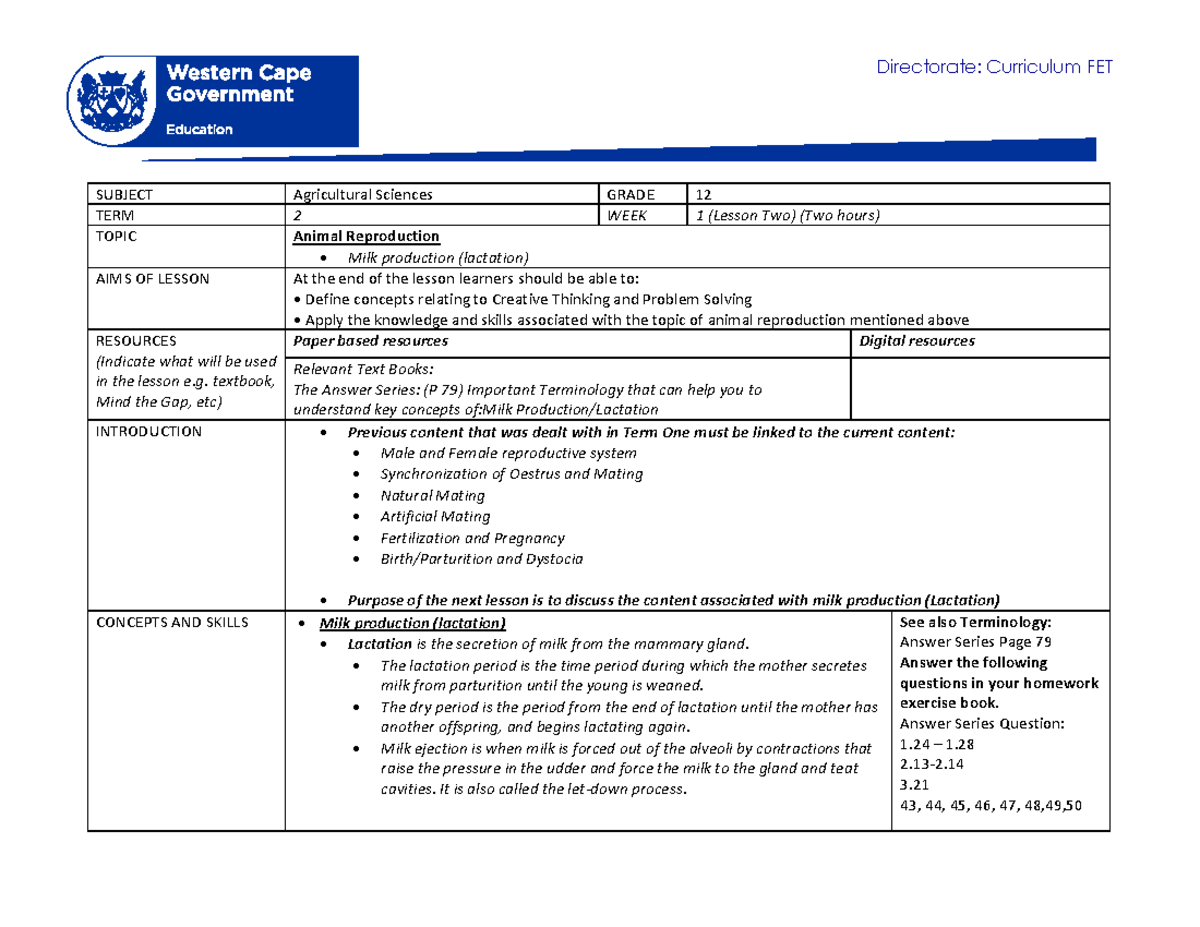 FET T2 Week 2 Grade 12 Agricultural Sciences: Animal Reproduction ...