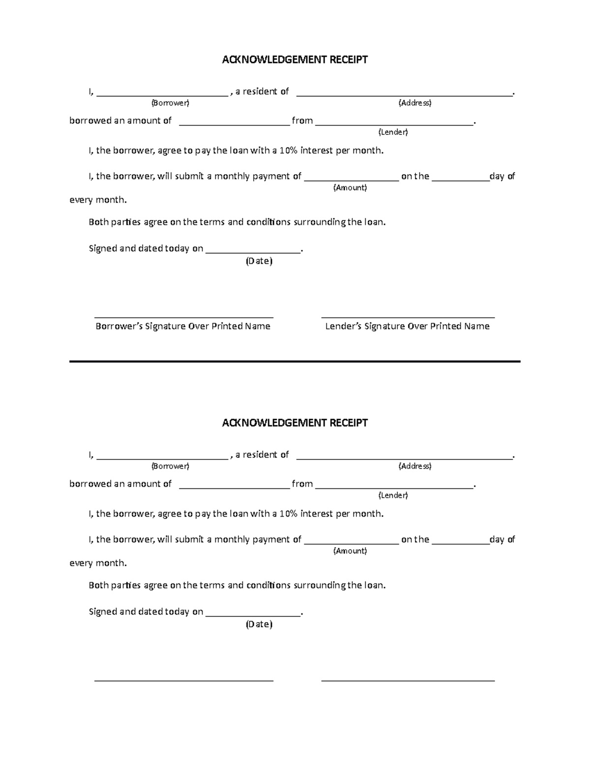 Loan Acknowledgement Receipt Template for Borrower and Lender - Studocu