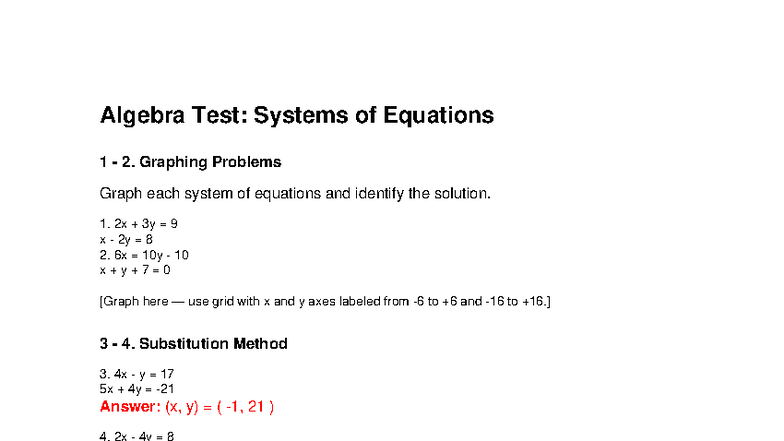 Algebra Test: Systems of Equations & Graphing Problems - Studocu