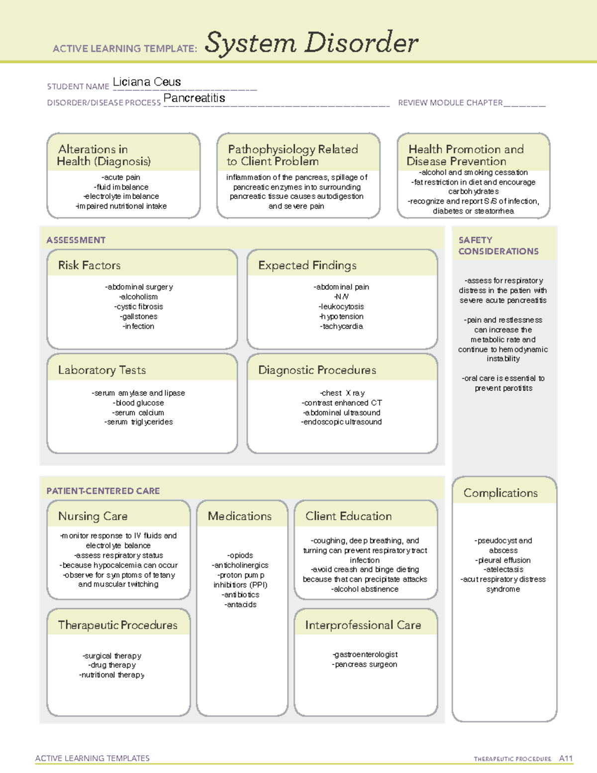 Pancreatitis - Active Learning Template for Nursing Care - Studocu