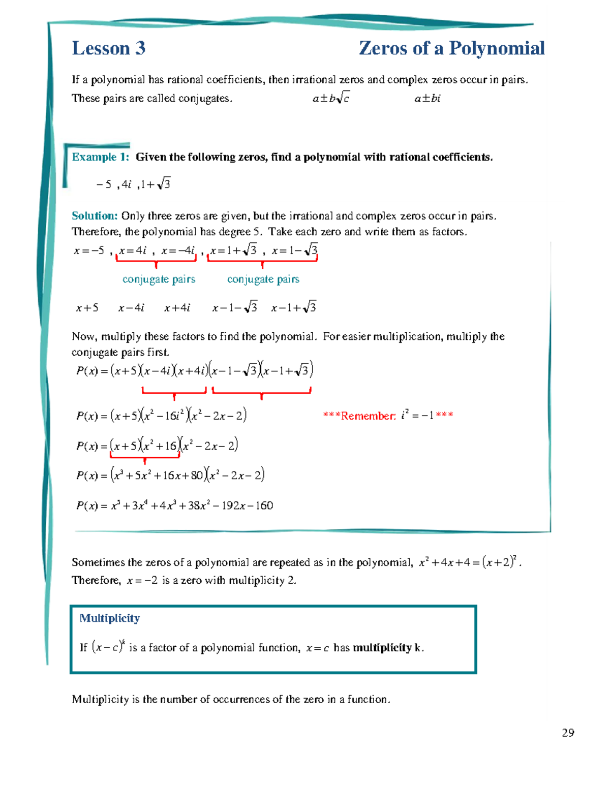 Lesson 3 Zeros of a Polynomial - Lesson 3 Zeros of a Polynomial If a ...