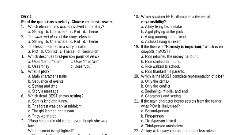 Elements of Story Quiz 2: Understanding Plot, Conflict, and Theme - Studocu