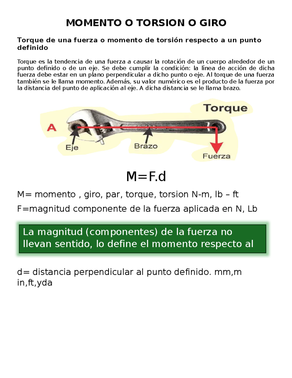 Torque y Momento en Mecánica: Conceptos de Torsión y Fuerzas - Studocu